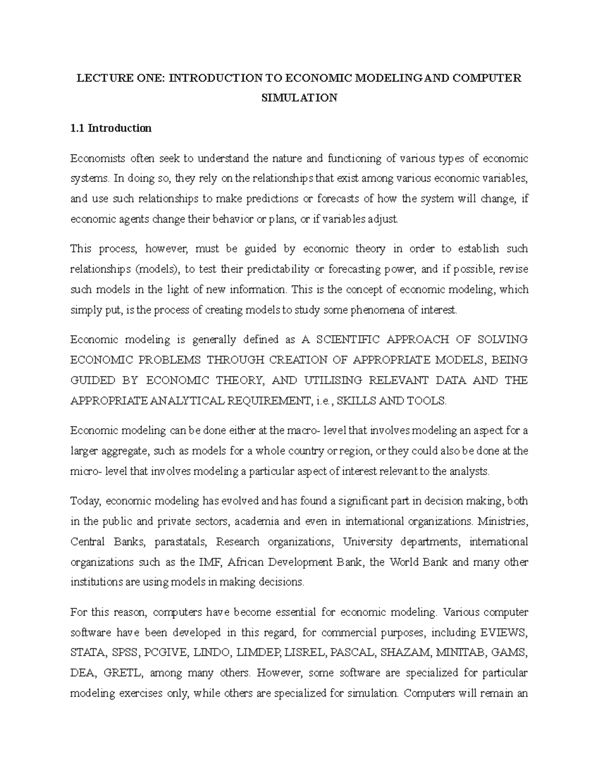 Lecture ONE-Economic Modelling and Computer simulation - LECTURE ONE ...