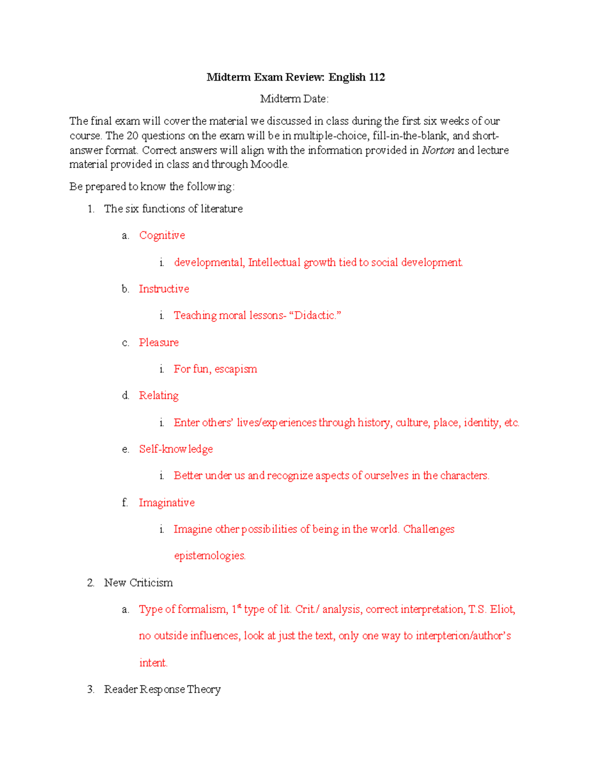 Midterm Exam Review 112 - Midterm Exam Review: English 112 Midterm Date ...