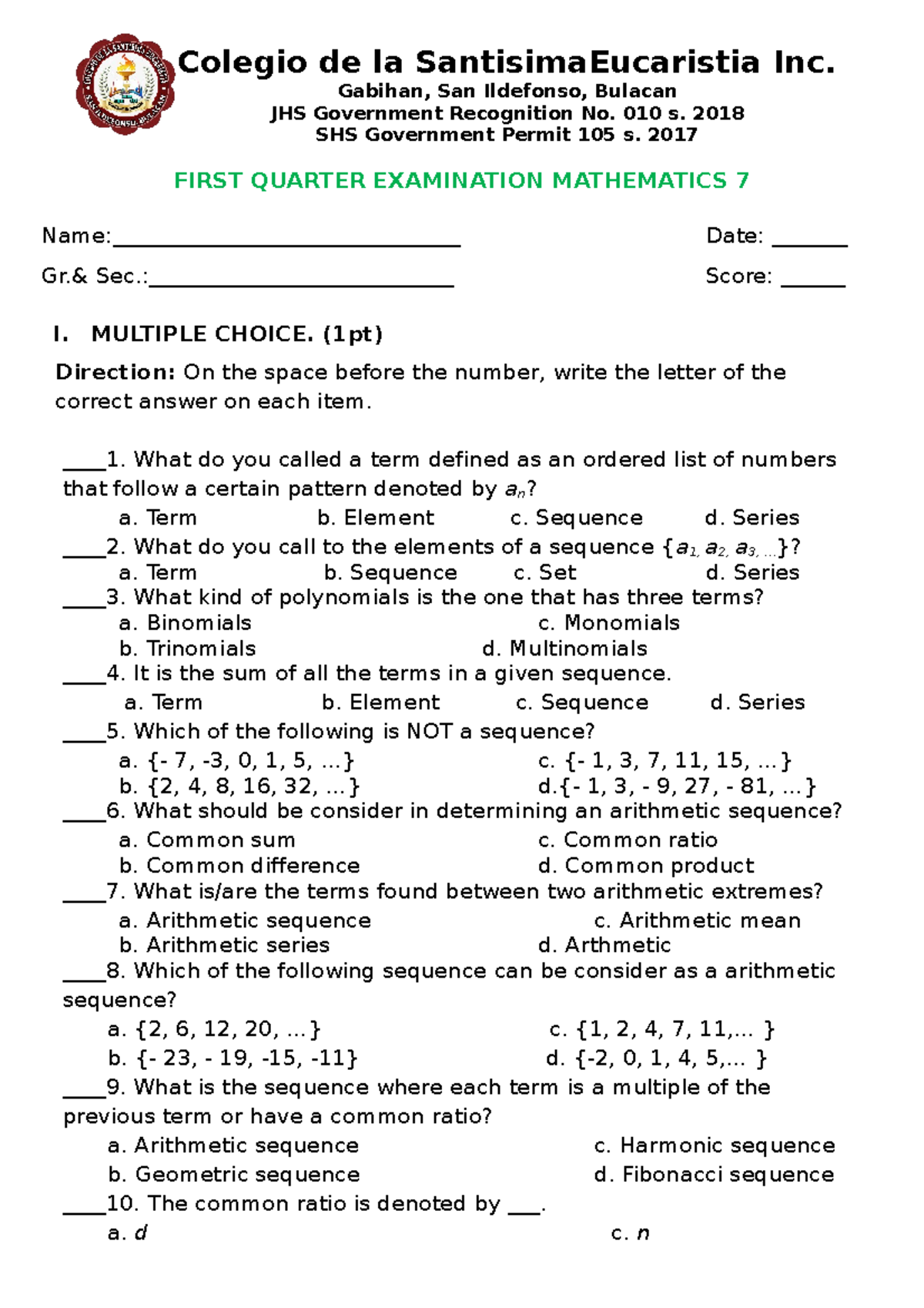 First Quarter Examination Mathematics 10 - Colegio de la ...
