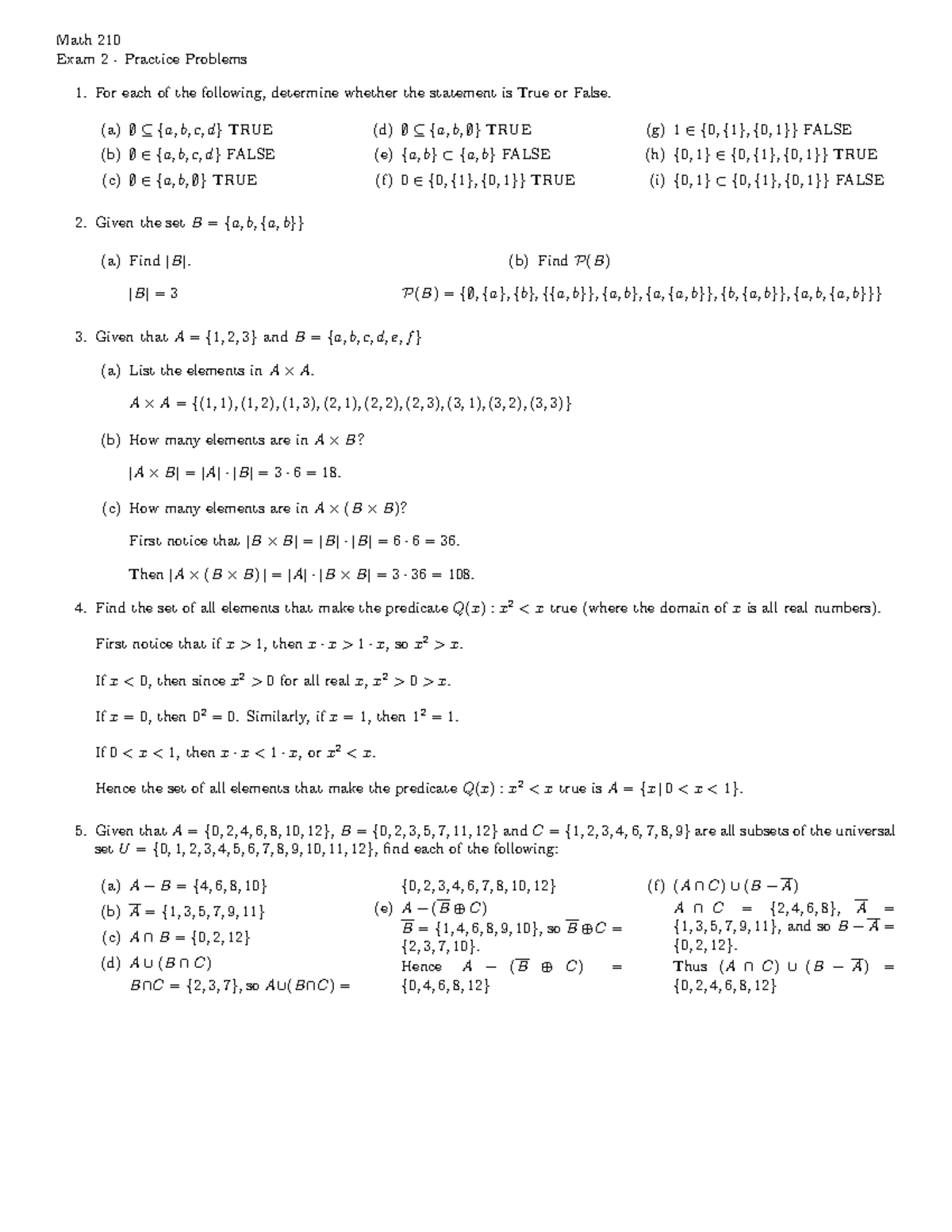 M210Exam2Prac Soln F 15 - Math 210 Exam 2 - Practice Problems For each ...
