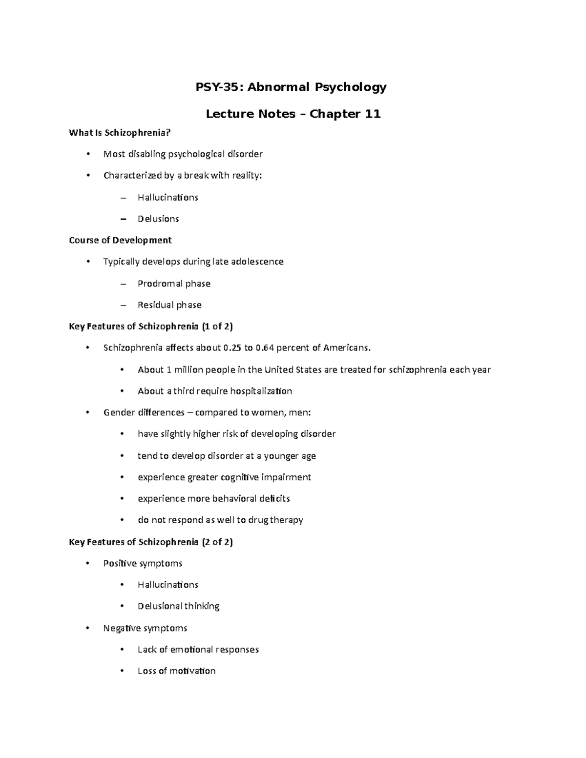 Chapter 11 Lecture Notes - Schizophrenia Spectrum Disorders - PSY-35 ...
