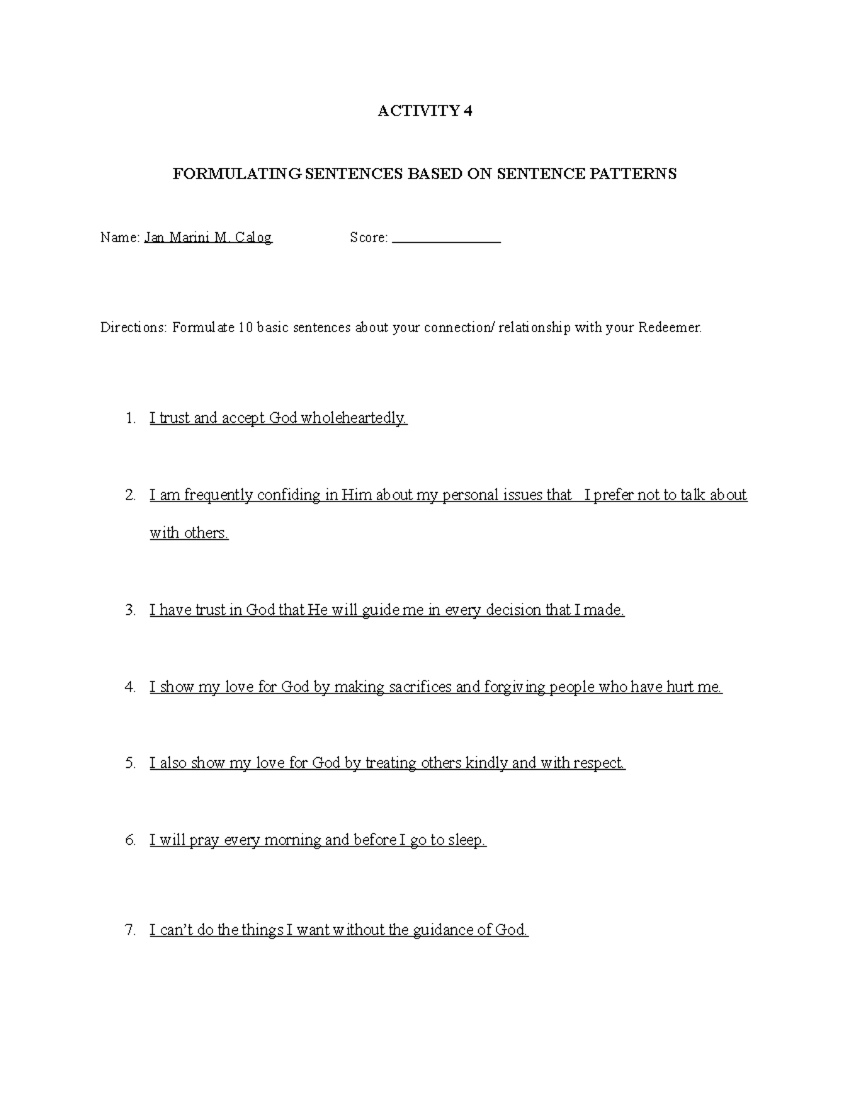 Activity 4 Formulating Sentences - ACTIVITY 4 FORMULATING SENTENCES ...