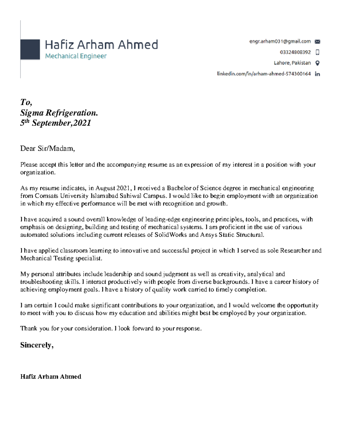 Sigma C - Nill - To, Sigma Refrigeration. 5 th September, Dear Sir ...