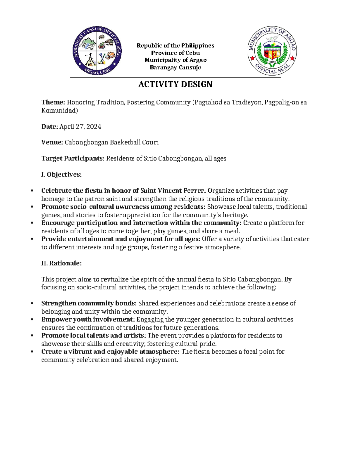 Activity Design- Sinco - Republic of the Philippines Province of Cebu ...