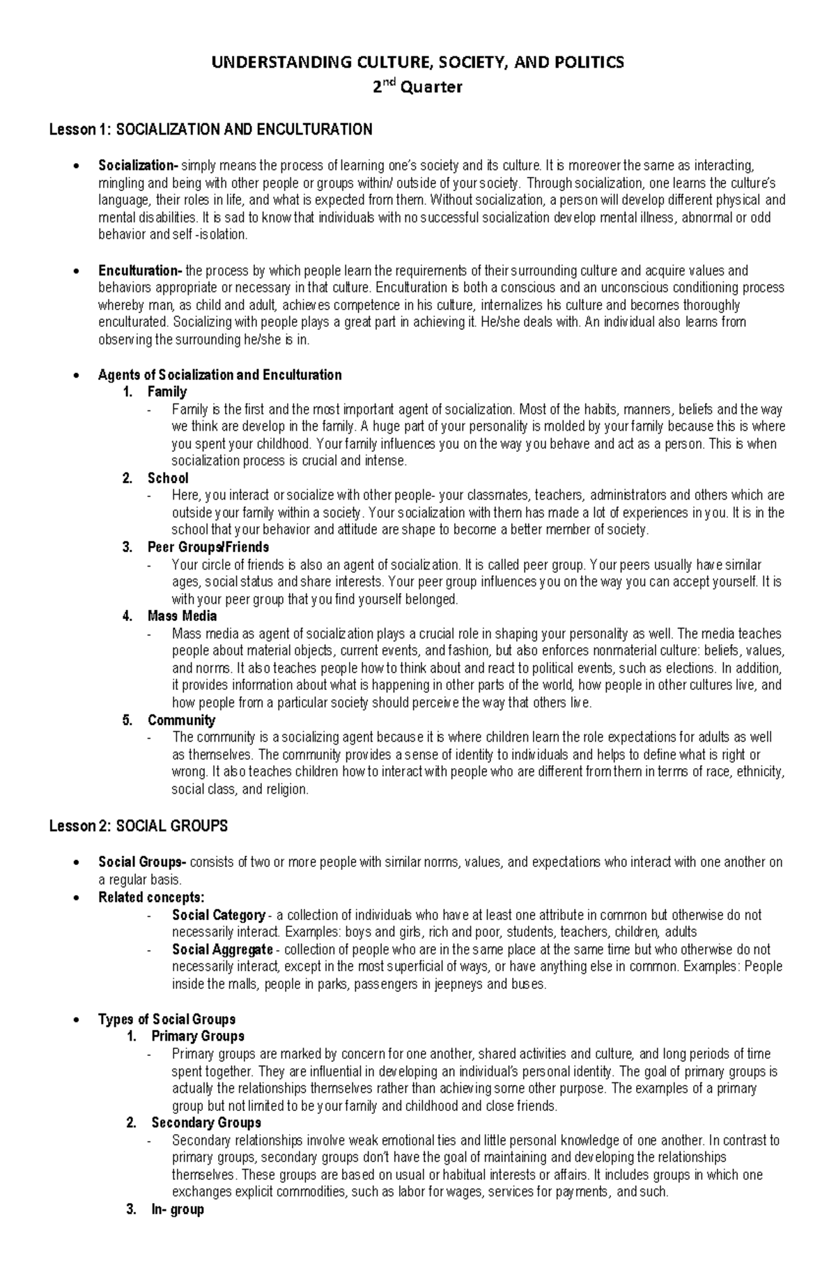 UCSP Reviewer 2nd-Quarter - UNDERSTANDING CULTURE, SOCIETY, AND ...