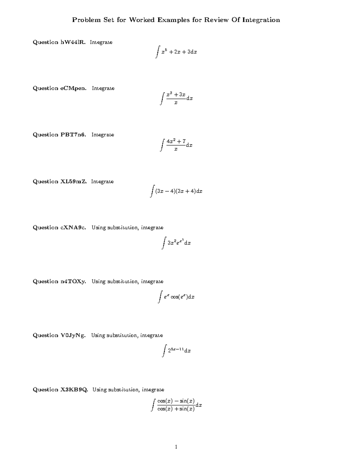 (Calculus 1501) Worked Examples for Review Of Integration - Problem Set ...