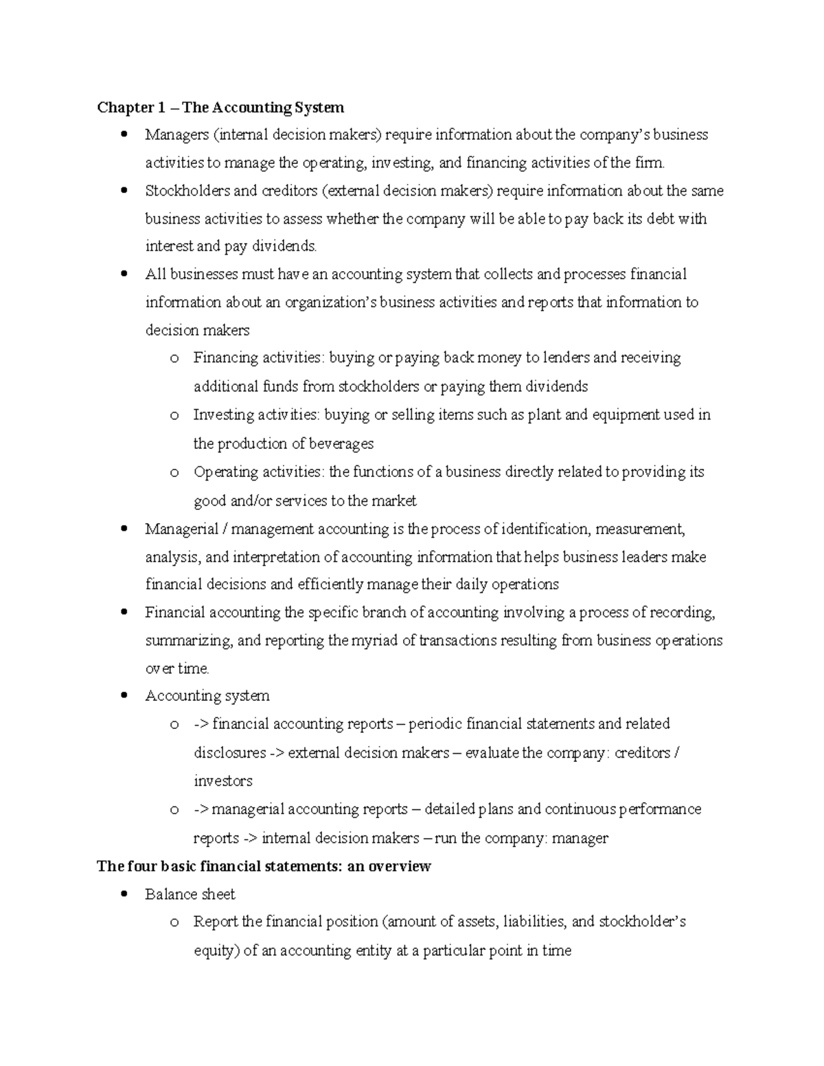 Accounting Midterm Review - Chapter 1 – The Accounting System Managers (internal decision makers ...