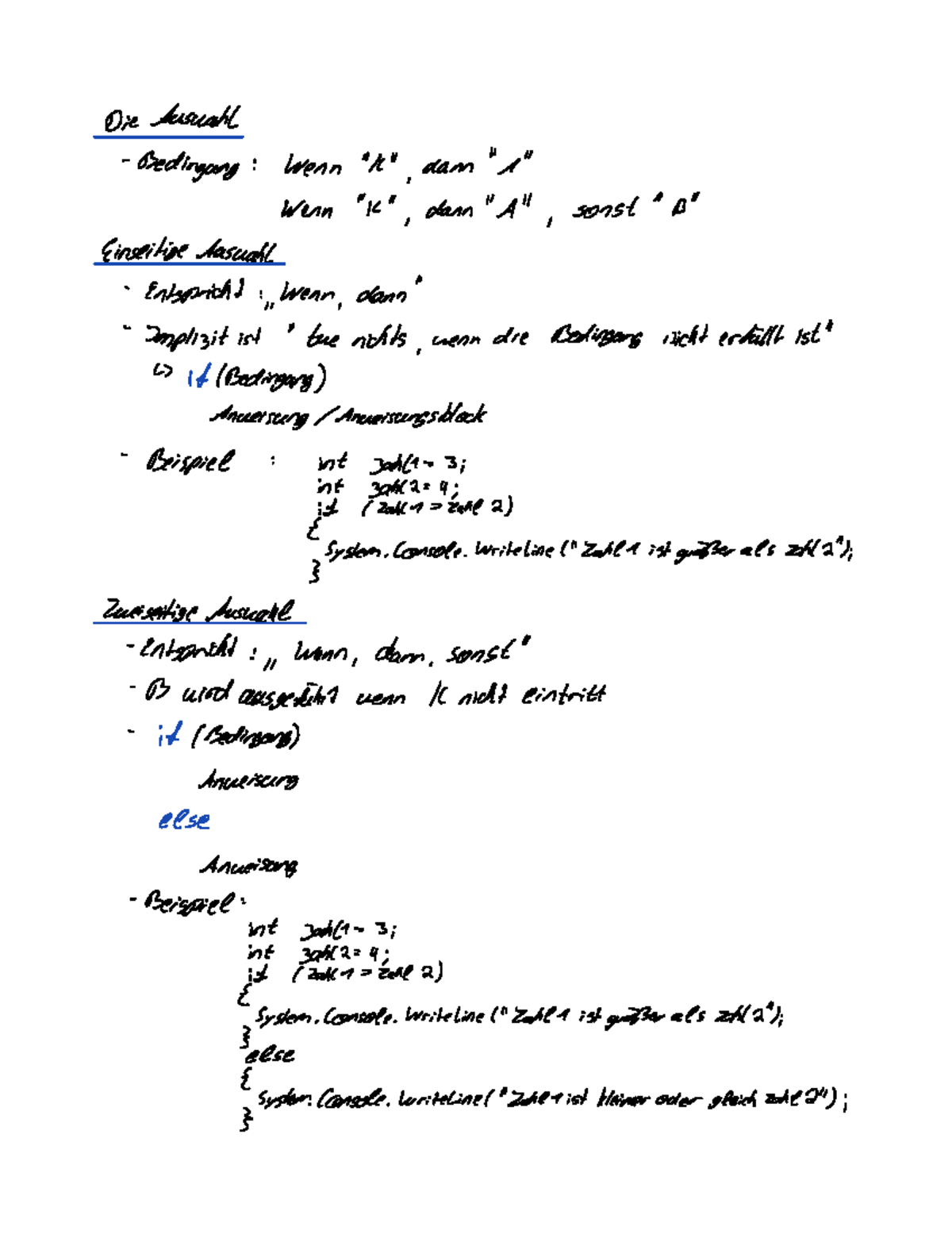 Kontrollstruktur Auswahl - Die Auswahl Bedingung Wenn K dann A Wenn K dann A sonst D - Studocu