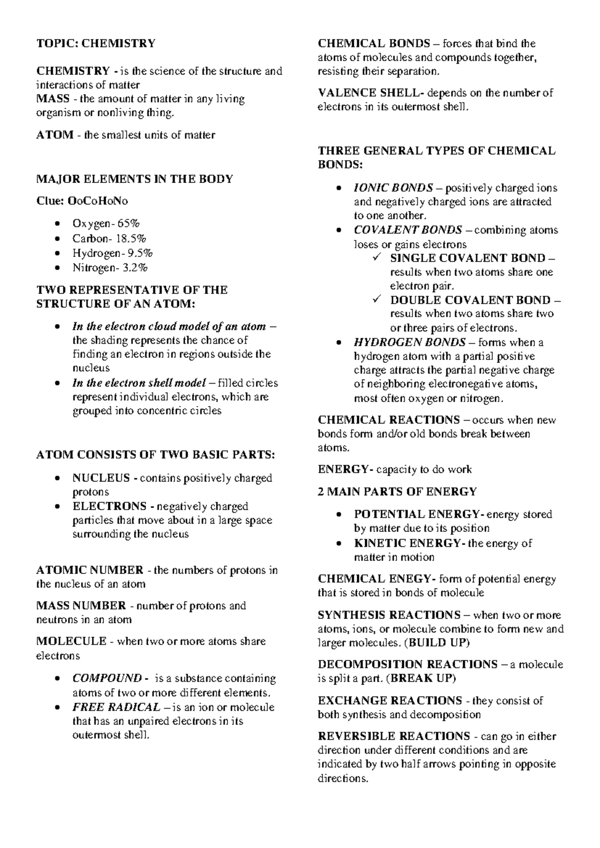 Anatomy and Physiology - TOPIC: CHEMISTRY CHEMISTRY - is the science of ...