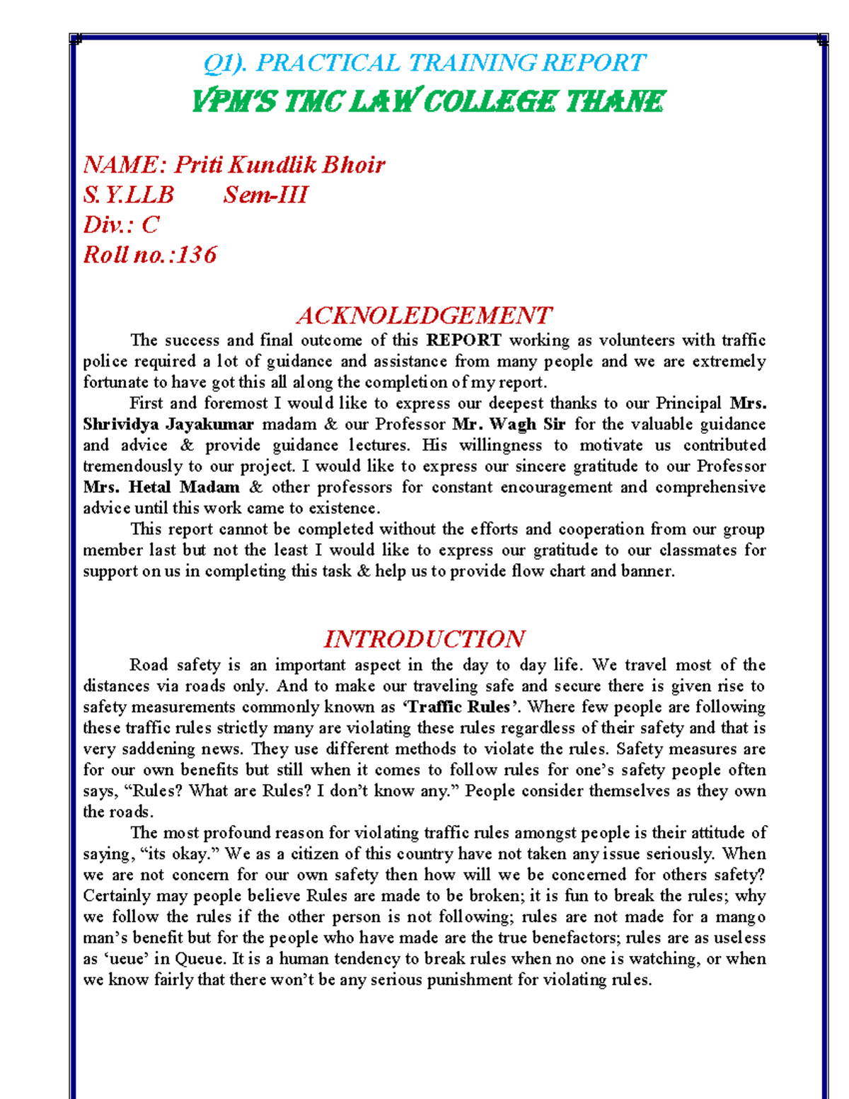 Priti K. Bhoir Practical Training Report Q.1 SEM III Div C Roll no - Q1 ...