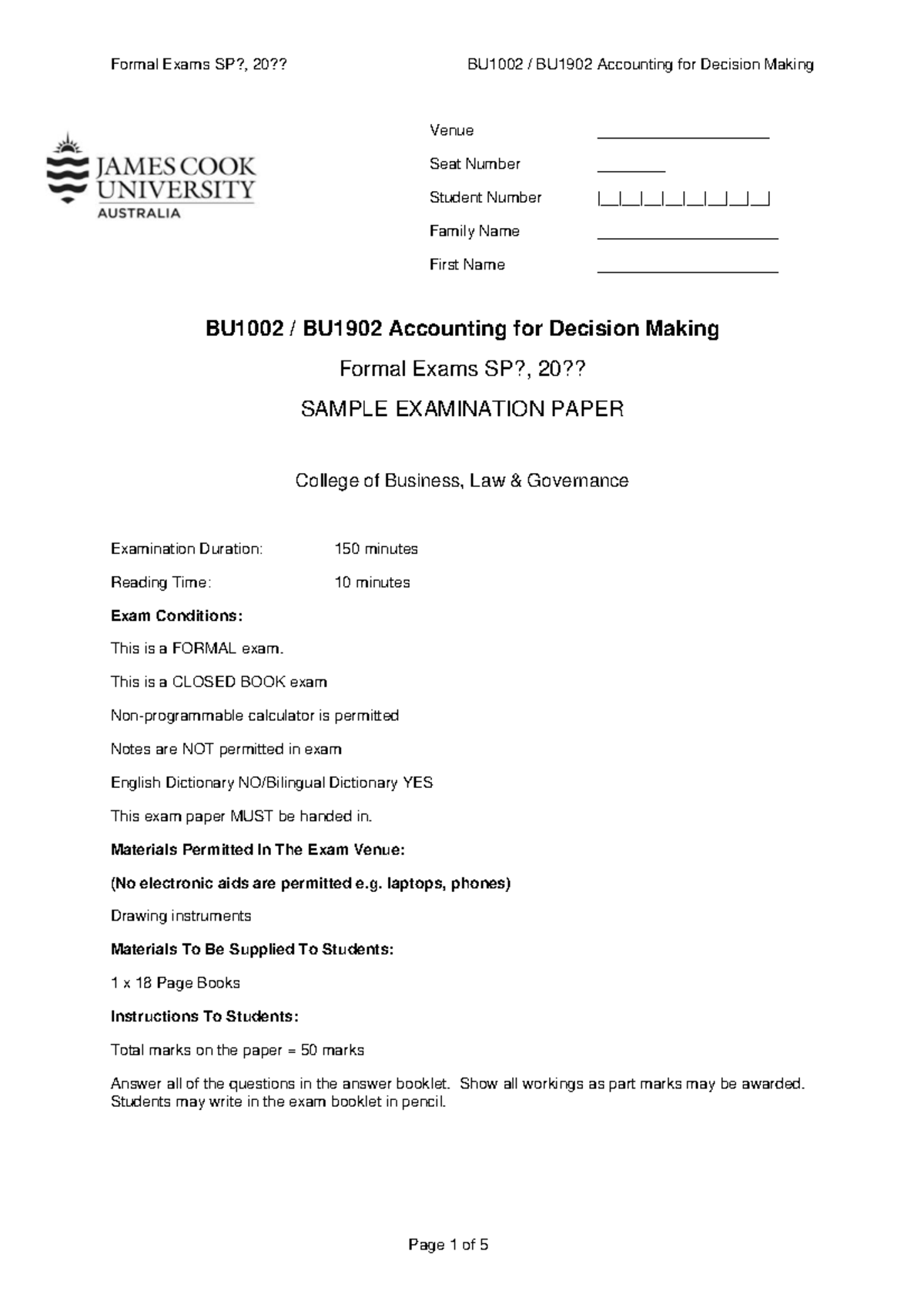 BU1002 BU1902 Sample Examination paper - BU1002 / BU1902 Accounting for ...
