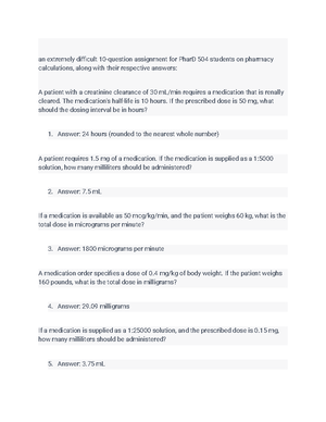 A sample 10-question assignment for Phar D 504 students on pharmacy ...