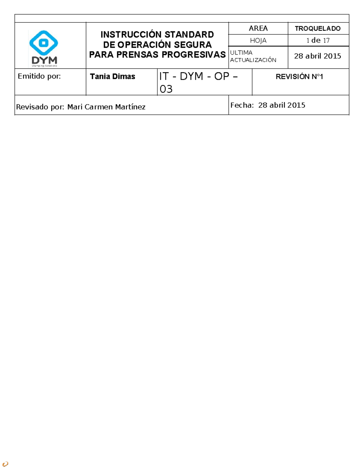 Instruccion DE Trabajo Standard PARA Operacion Segura Prensa Progresiva ...