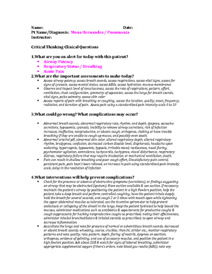 Critical Thinking Clinical Questions-v Sim Sarah Lin - Name: Date: Pt ...