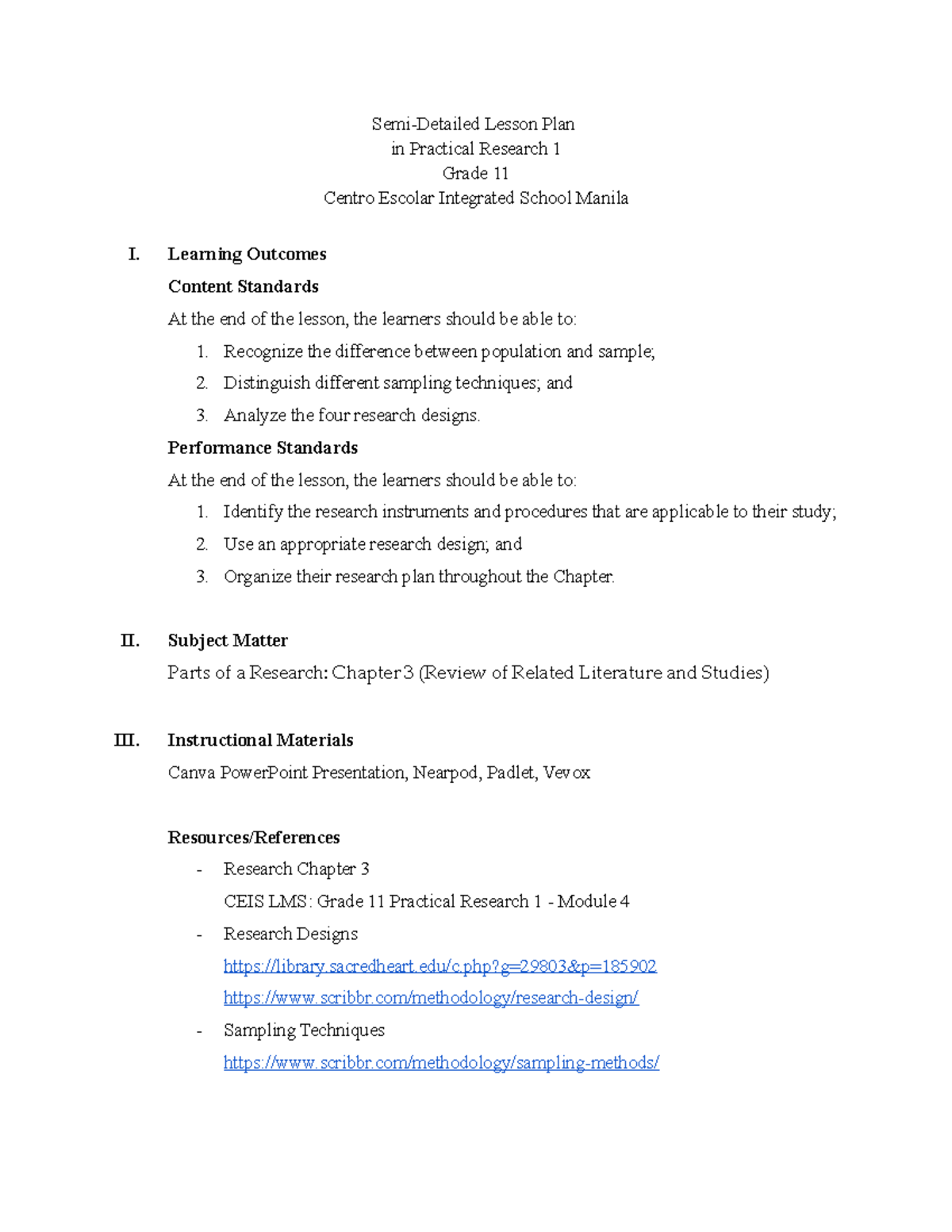 Lesson Plan Grade 11 Research Chapter 3 Semi Detailed Lesson Plan