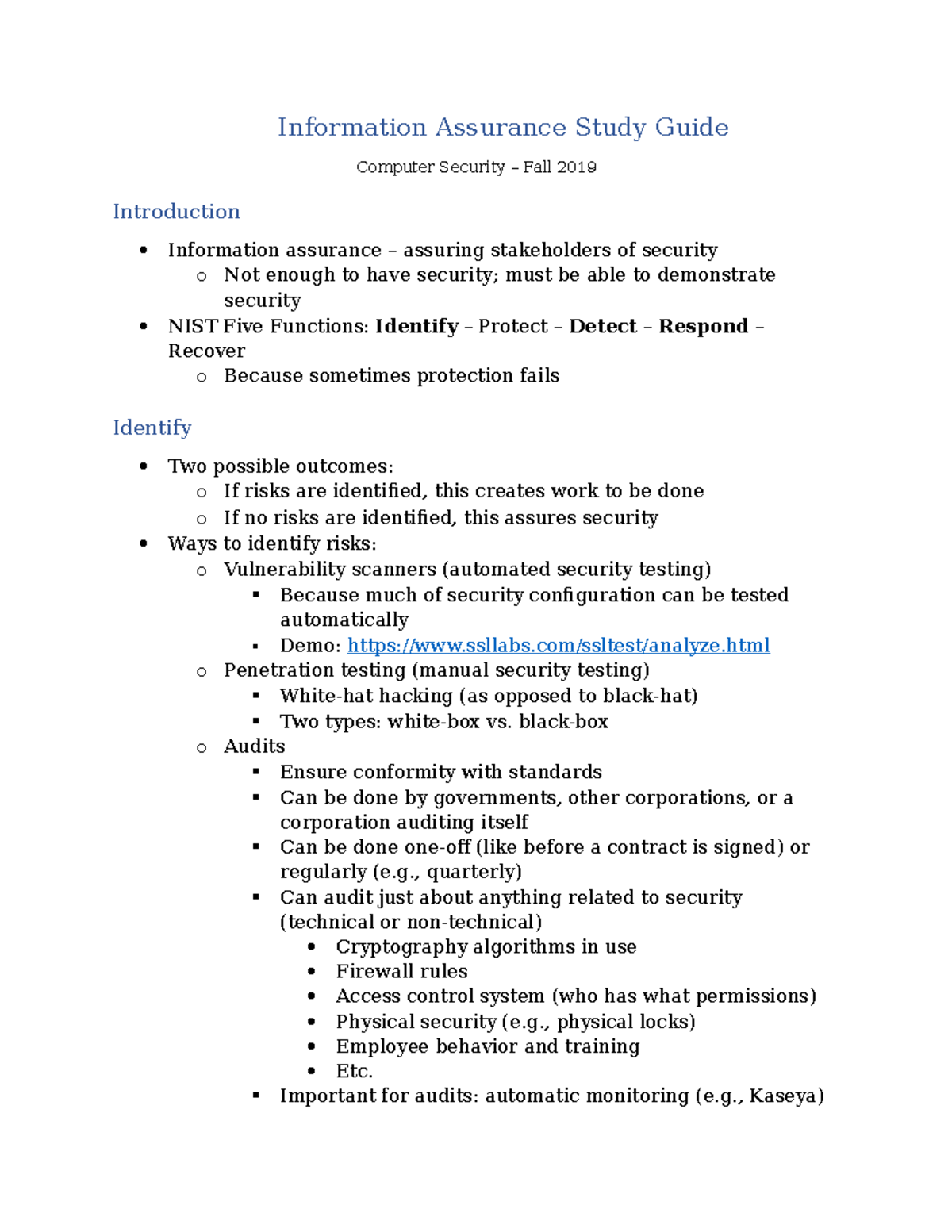 Information Assurance Study Guide - Information Assurance Study Guide Computer Security – Fall ...
