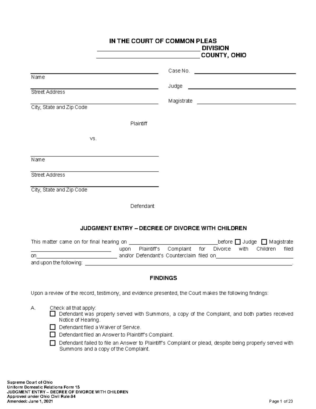 Draft judgement and Decree - Supreme Court of Ohio Uniform Domestic ...