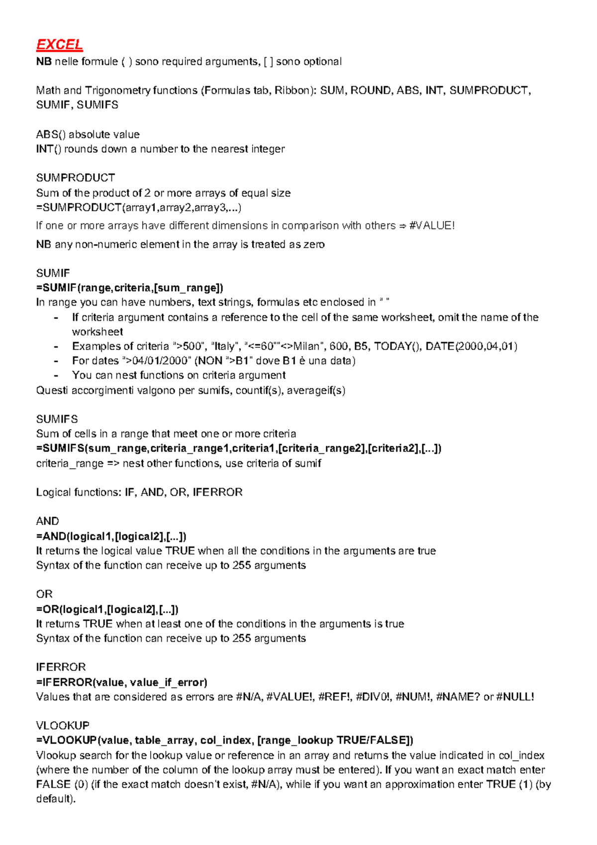 Excel theory - EXCEL NB nelle formule ( ) sono required arguments ...