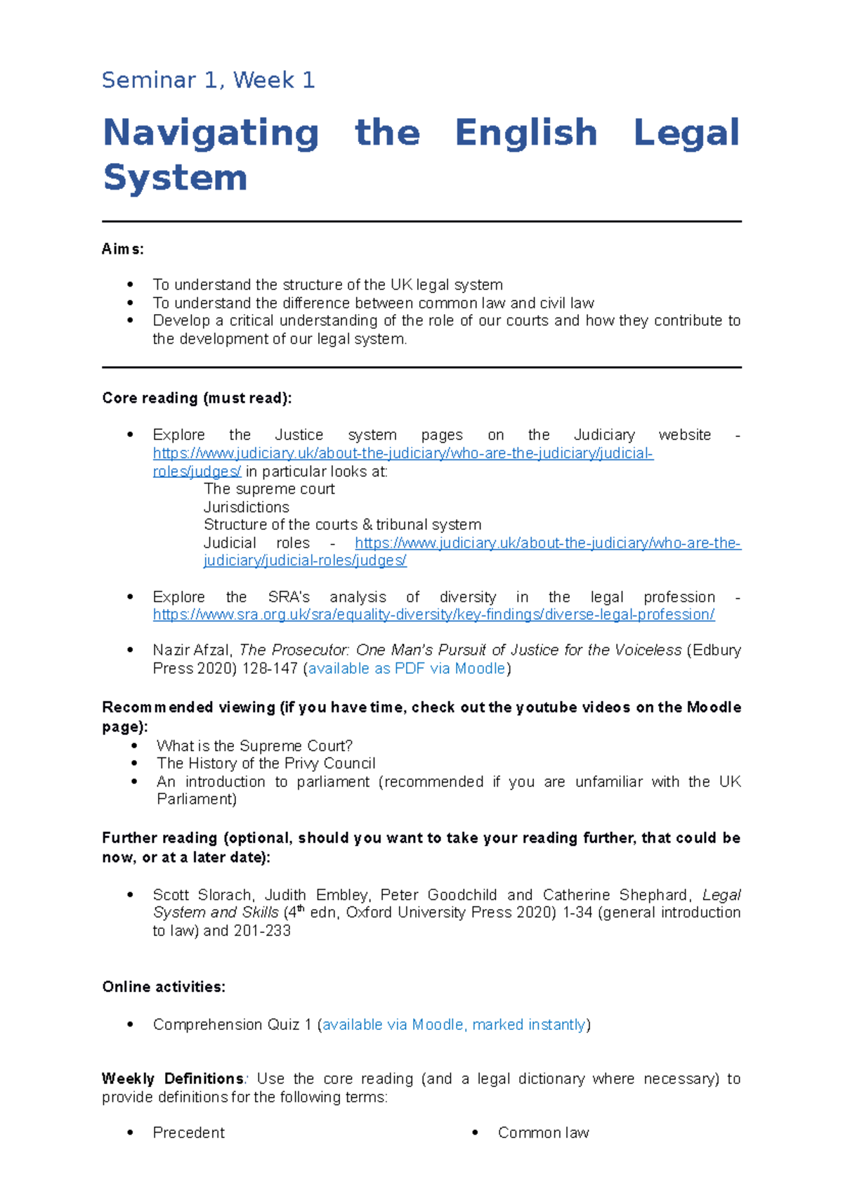 Seminar 1 Worksheet - English Legal System and Skills - Seminar 1, Week ...
