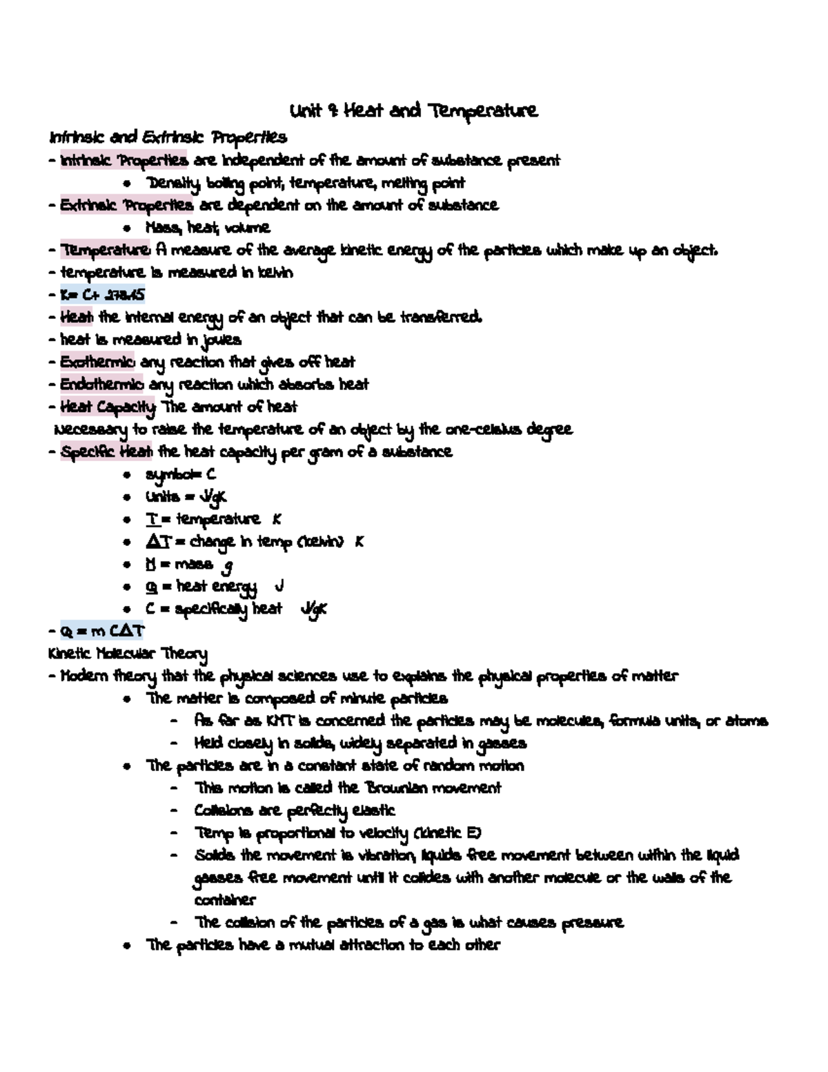Chem-101 Unit 9 thermodynamics - Unit 9: Heat and Temperature Intrinsic ...