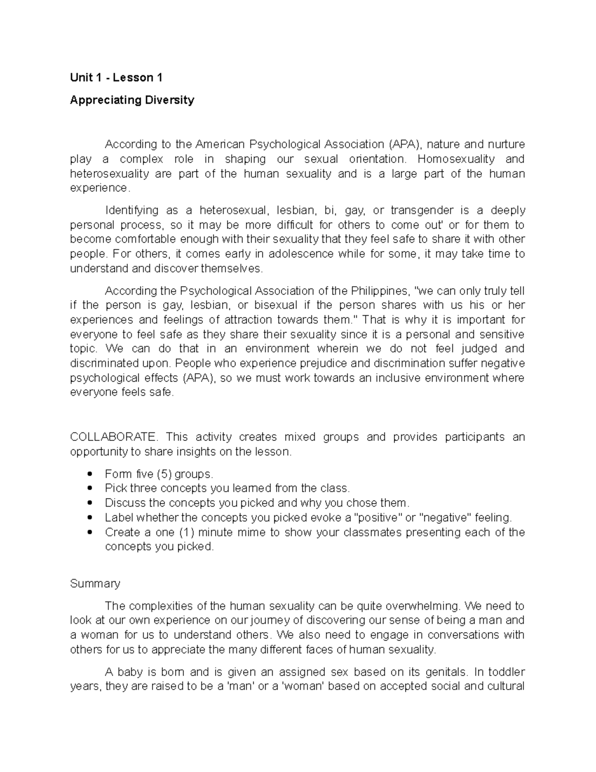 Appreciating Diversity - Unit 1 - Lesson 1 Appreciating Diversity ...