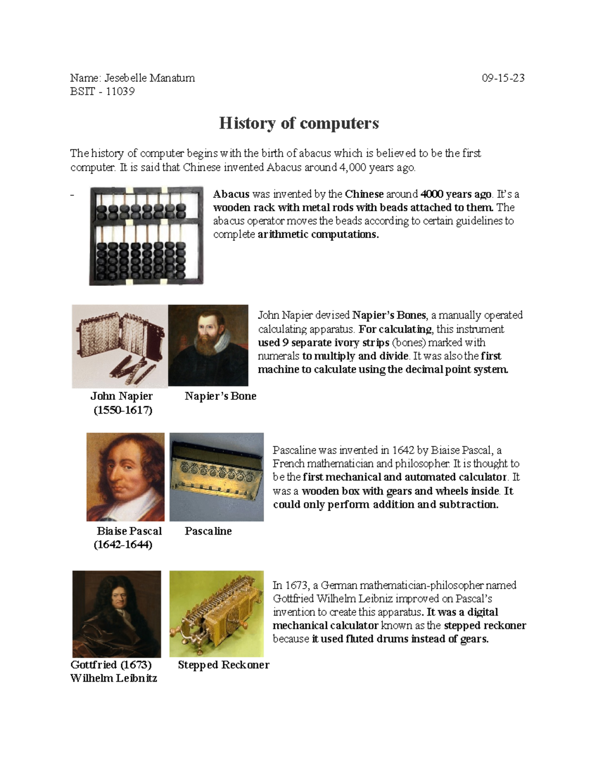 History-of-computers - Name: Jesebelle Manatum 09-15- BSIT - 11039 ...