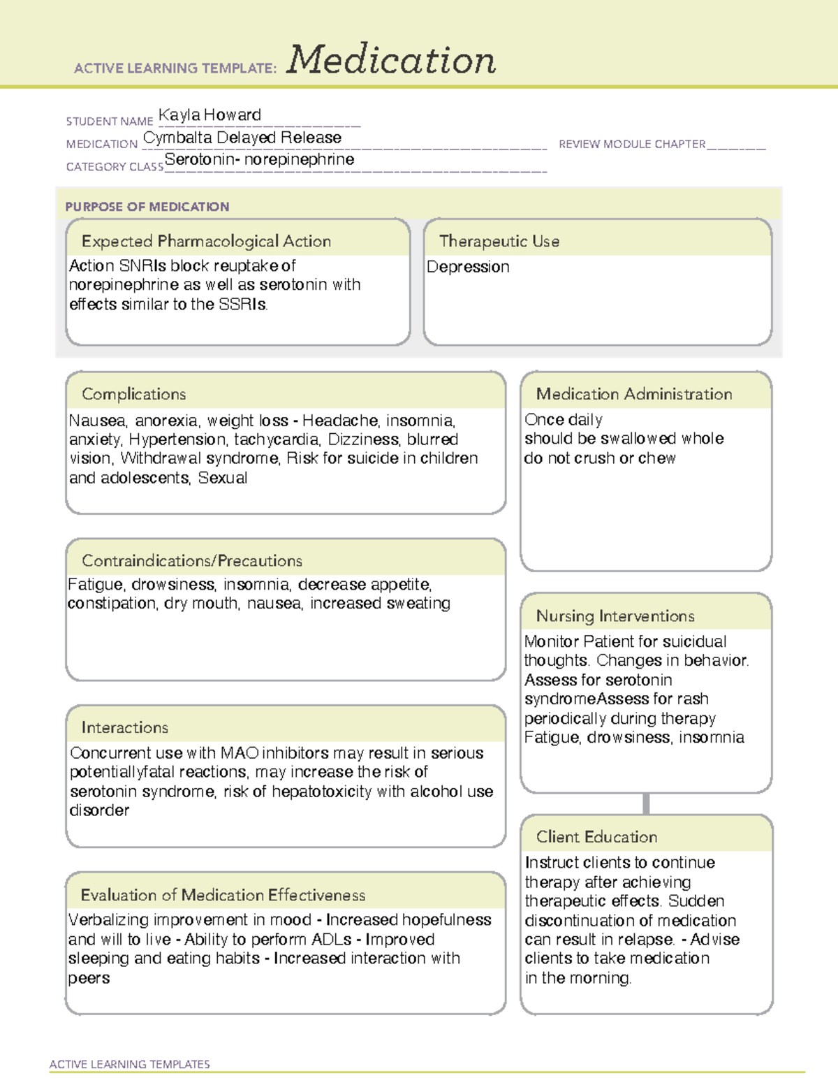 Cymbalta - medication template - ACTIVE LEARNING TEMPLATES Medication ...