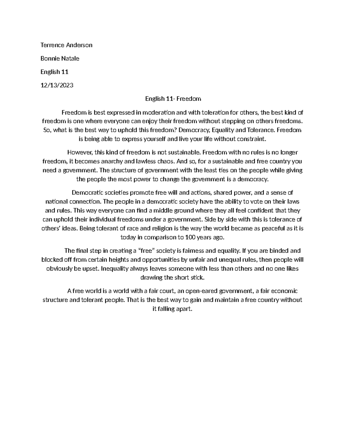 Freedom-Final Draft - Terrence Anderson Bonnie Natale English 11 12/13 ...