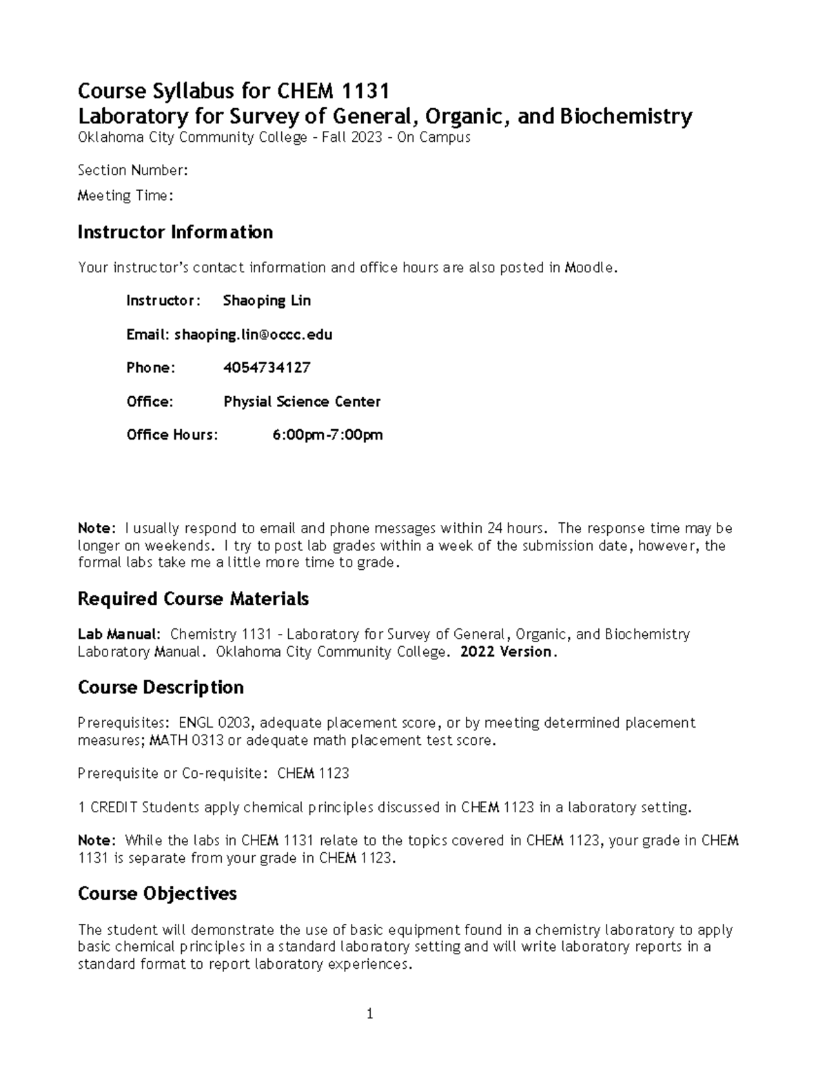CHEM 1131 Syllabus FA23 - On Campus - Course Syllabus for CHEM 1131 ...