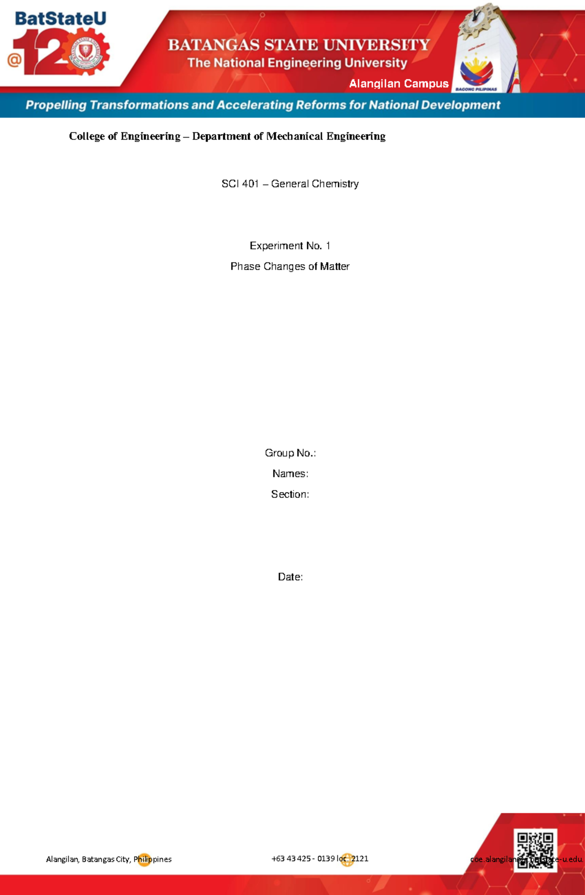 SCI 401-Lab Report 1 - College of Engineering – Department of Mechanical Engineering Alangilan ...