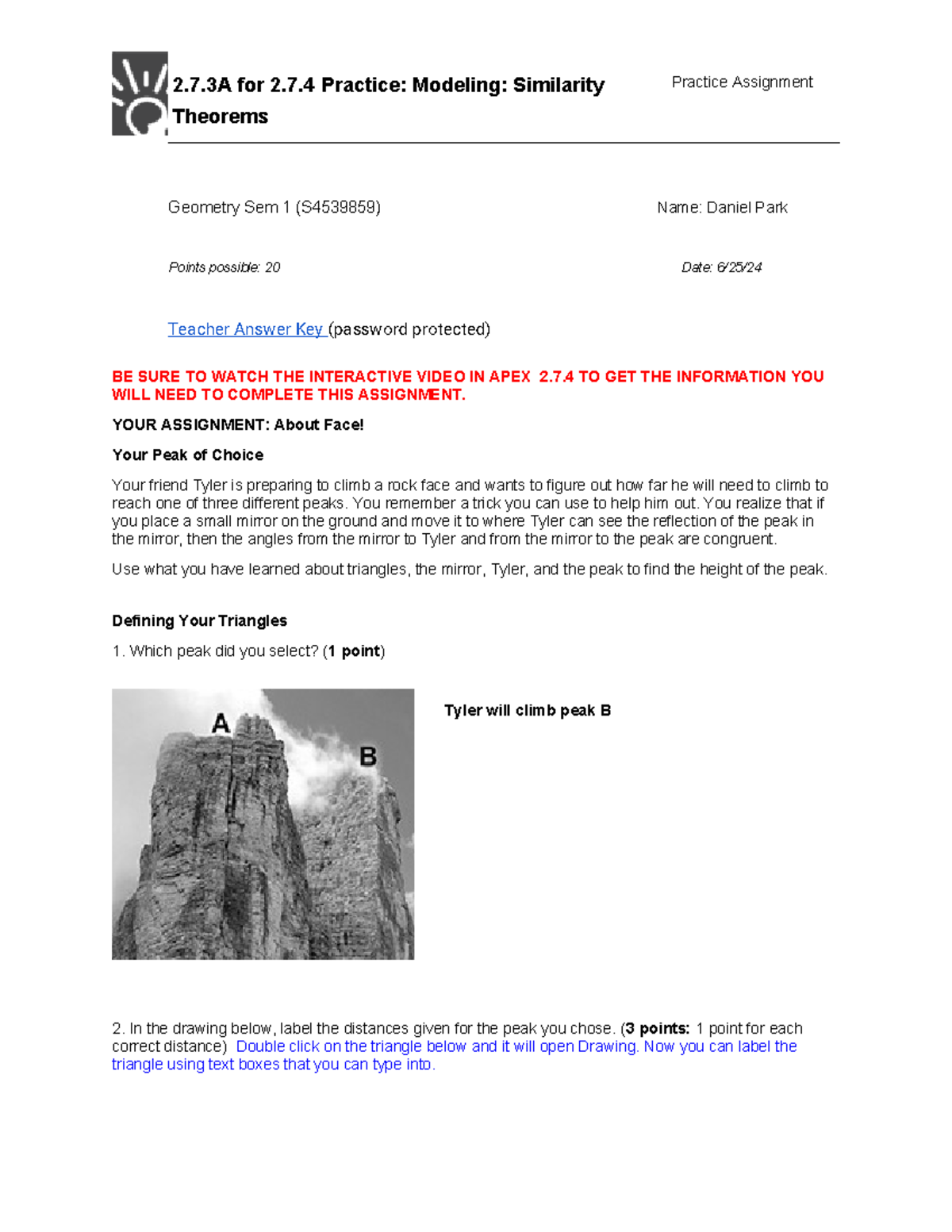 Copy of Geometry A 2.7.3A for 2.7.4 Practice Modeling Similarity ...