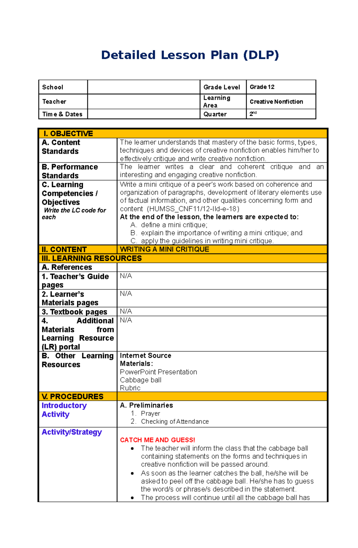 Pdfcoffee creative writing - School Grade Level Grade 12 Teacher LearningArea Creative ...