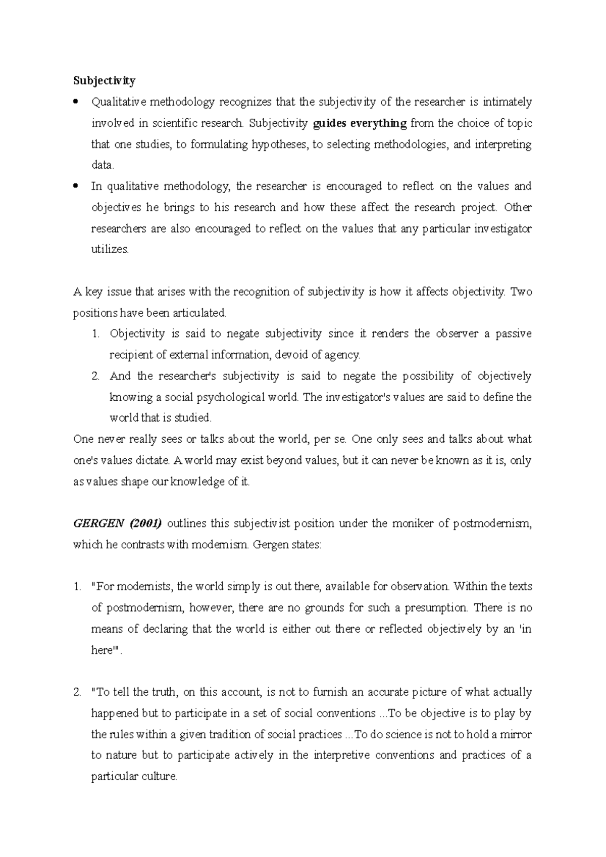 Subjectivity - Summary Masters in psychology - Subjectivity Qualitative ...