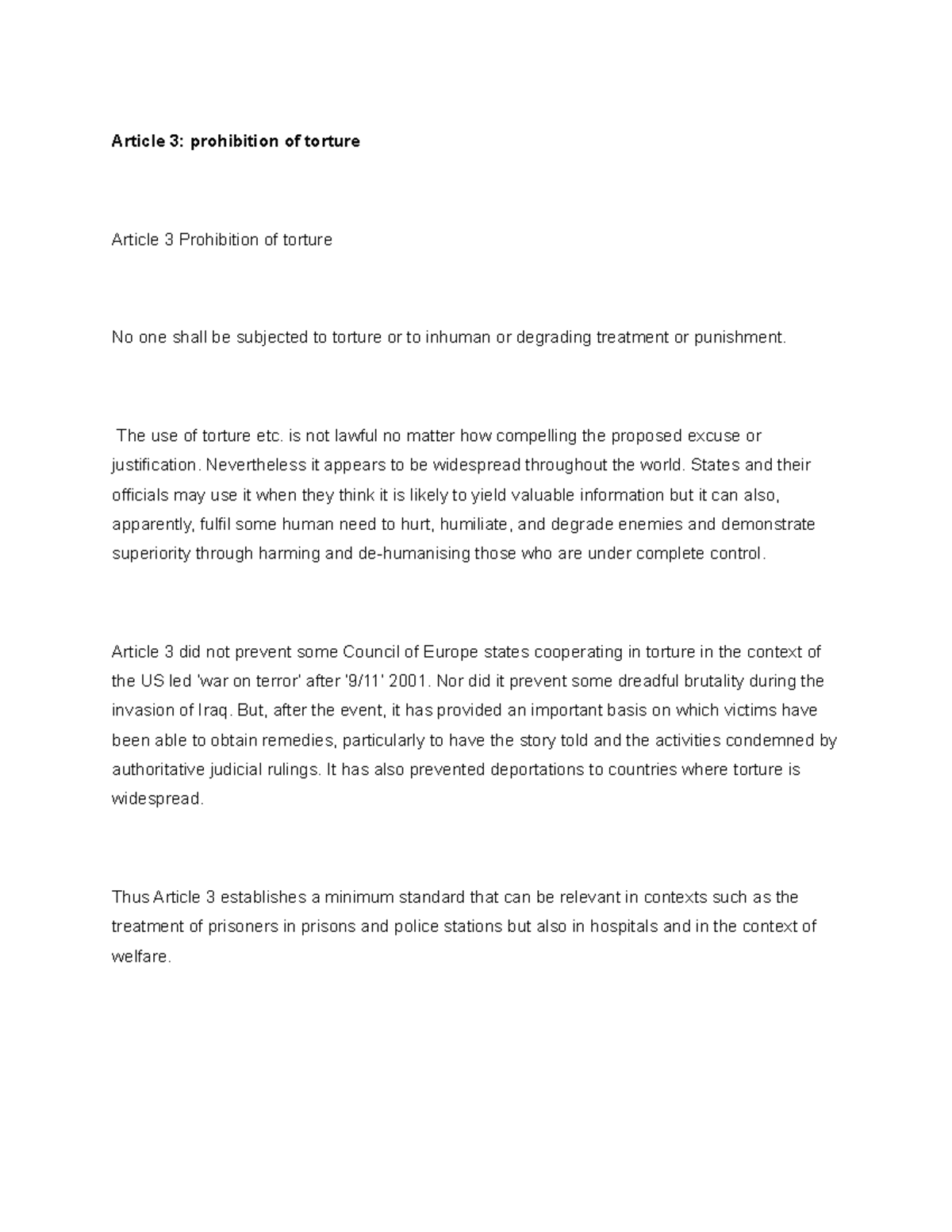 Article 3-prohibition of torture - Article 3: prohibition of torture ...