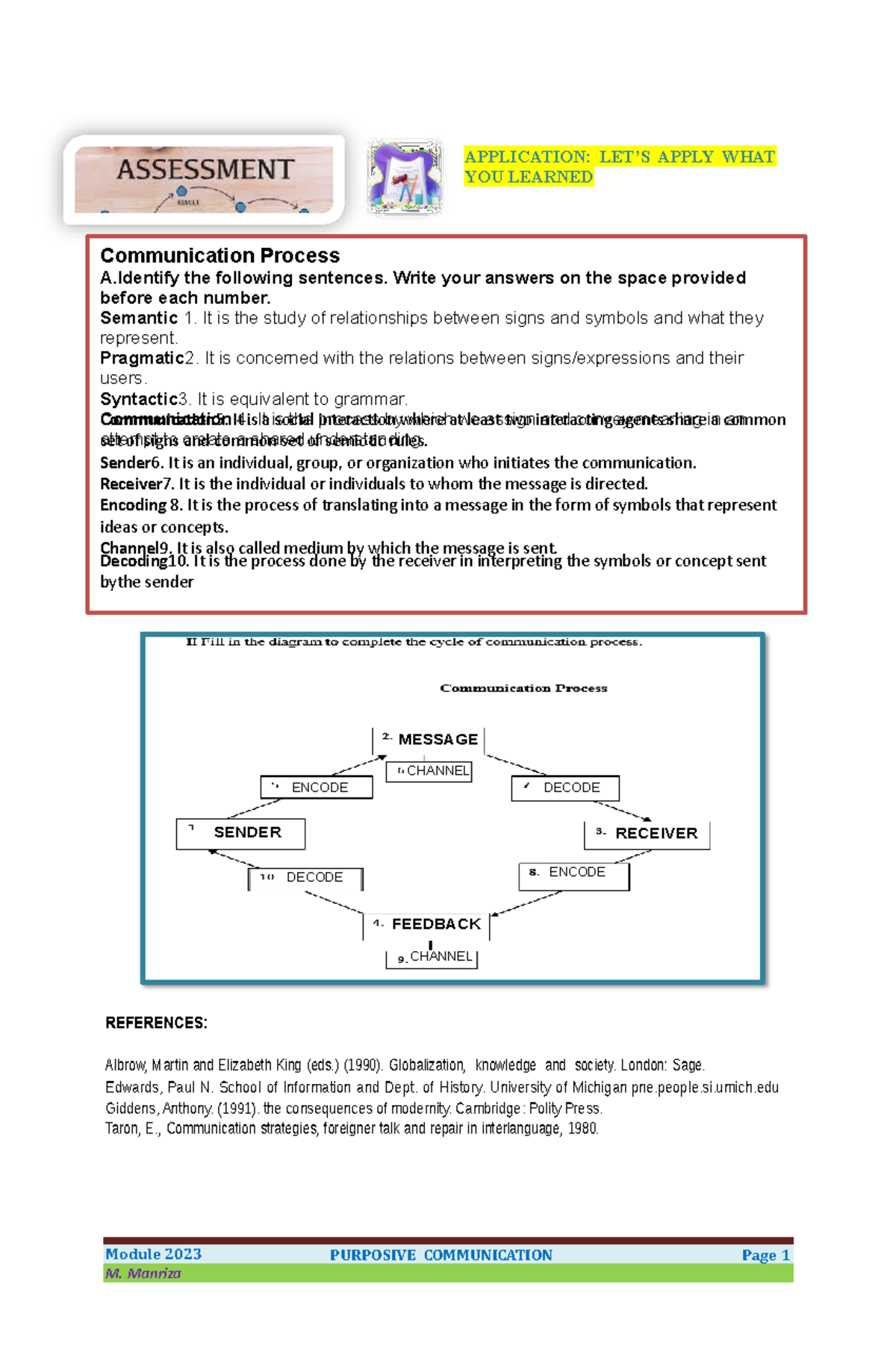 Purposive Communication - Communication Process A the following ...
