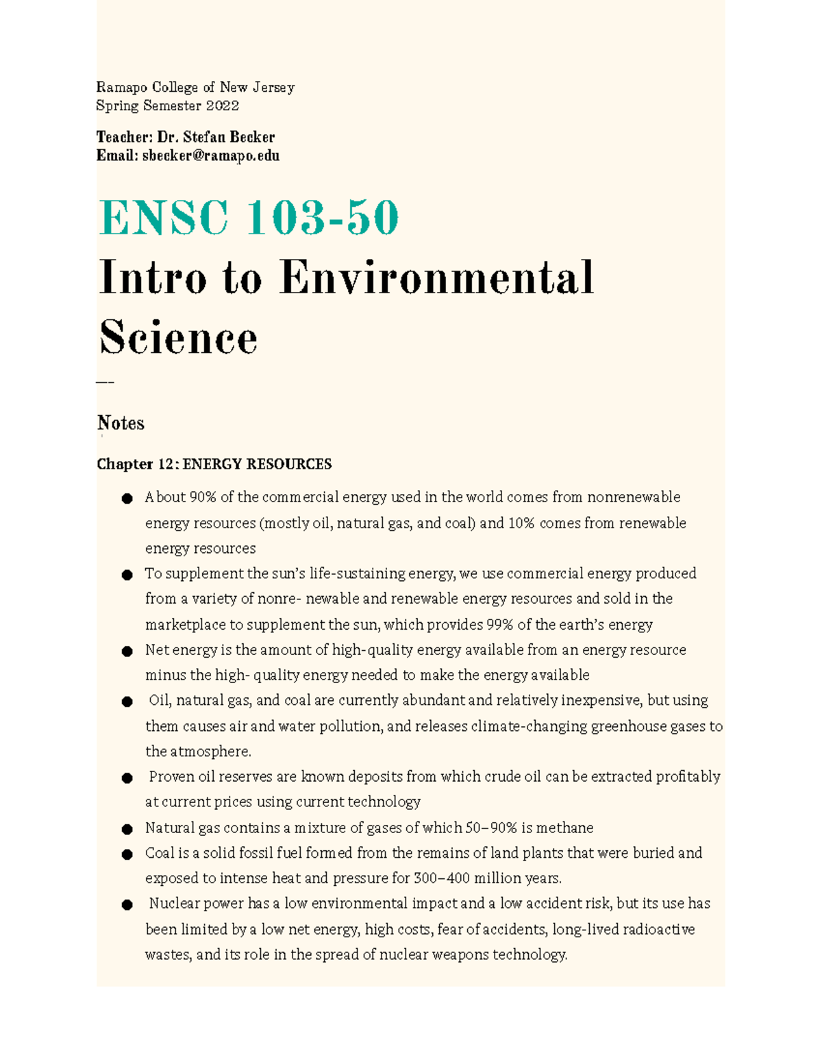Energy Resources and Conservation: Notes and Questions - Studocu