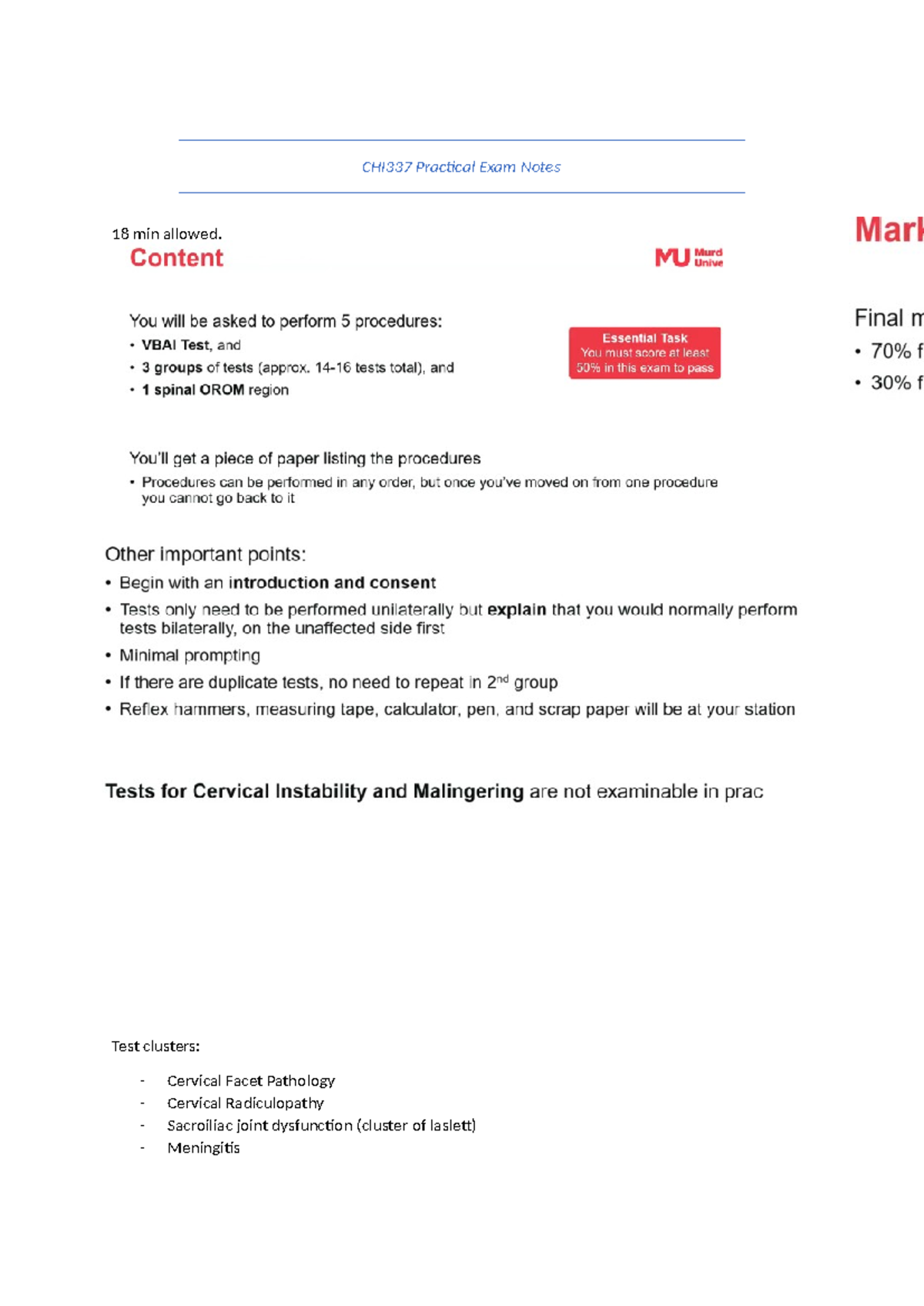 CHI337 Prac Exam Marking Guides - CHI337 Practical Exam Notes 18 min ...