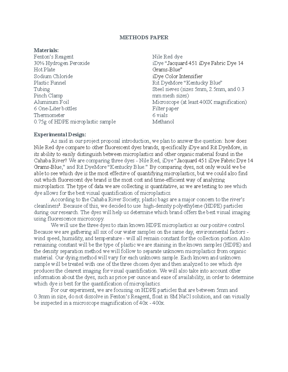 Midterm Methods Assignment - METHODS PAPER Materials: Fenton’s Reagent ...