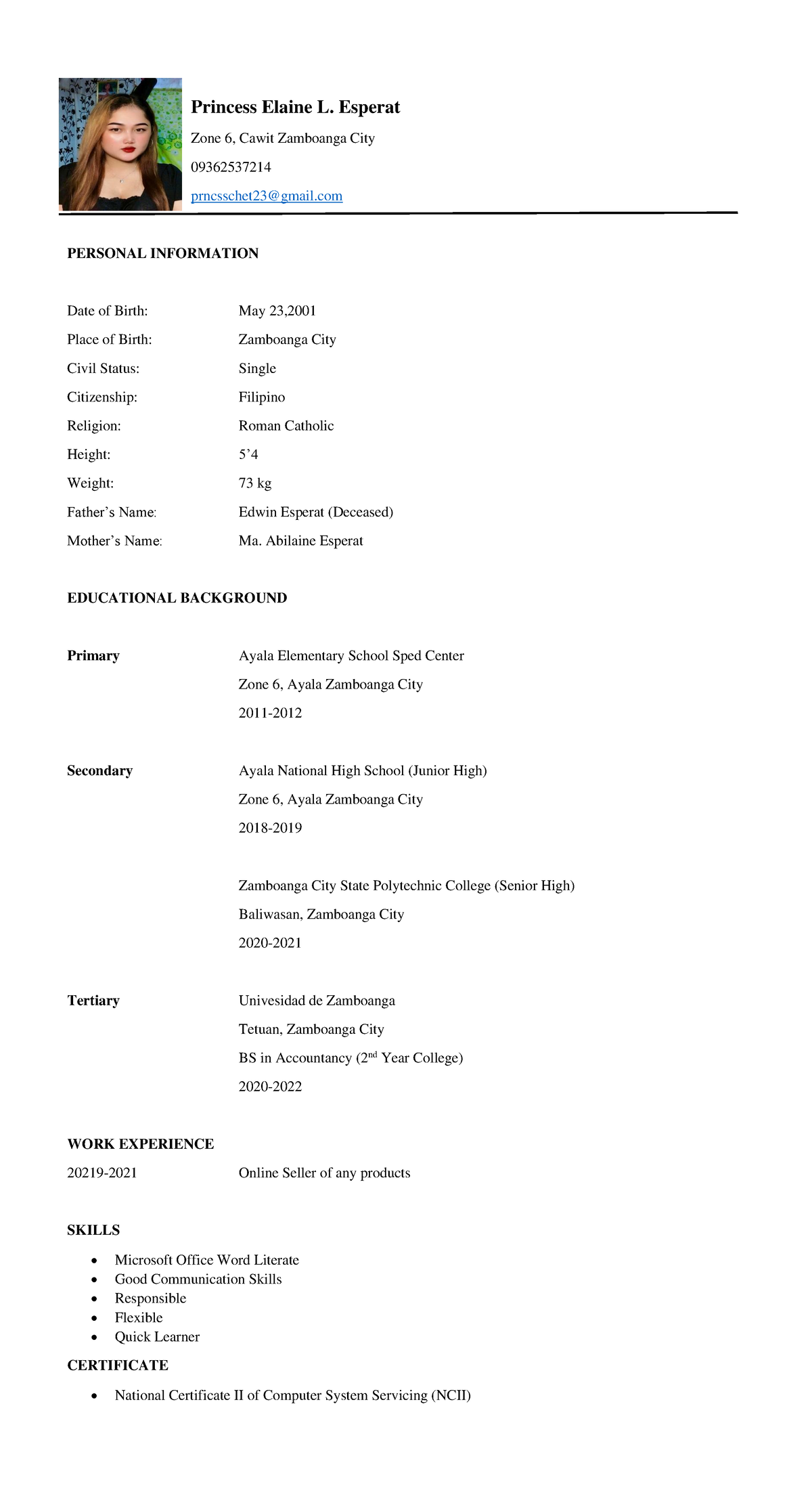 Resume- Elaine-2 - Nothibg - Princess Elaine L. Esperat Zone 6, Cawit ...