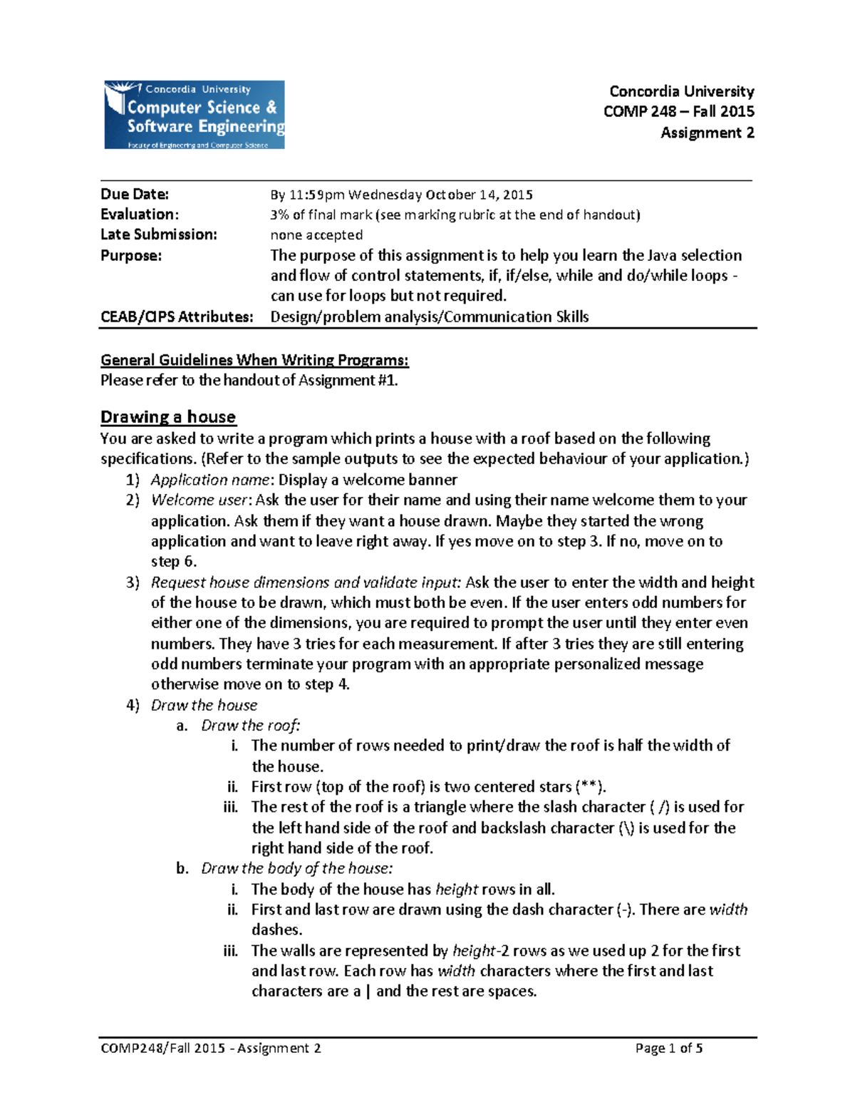 2015-A2 - Exam - Concordia University COMP 248 – Fall 2015 Assignment 2 ...