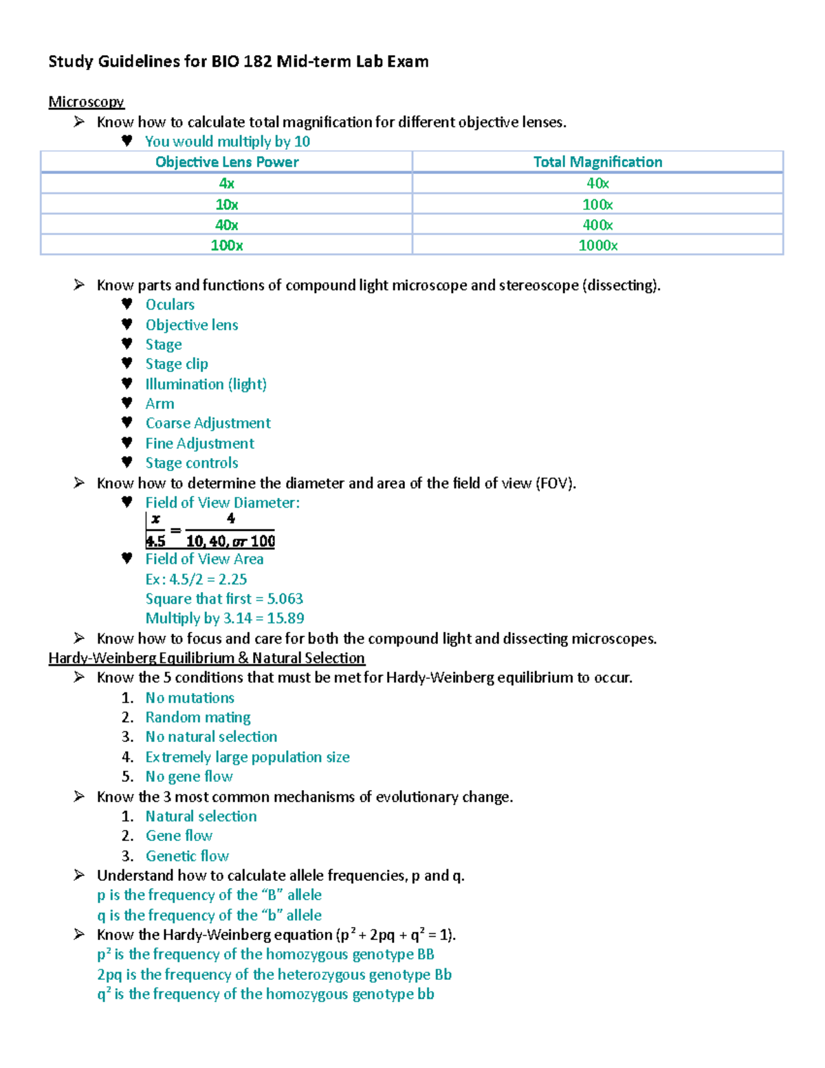 Study Guide for Midterm - Study Guidelines for BIO 182 Mid-term Lab ...