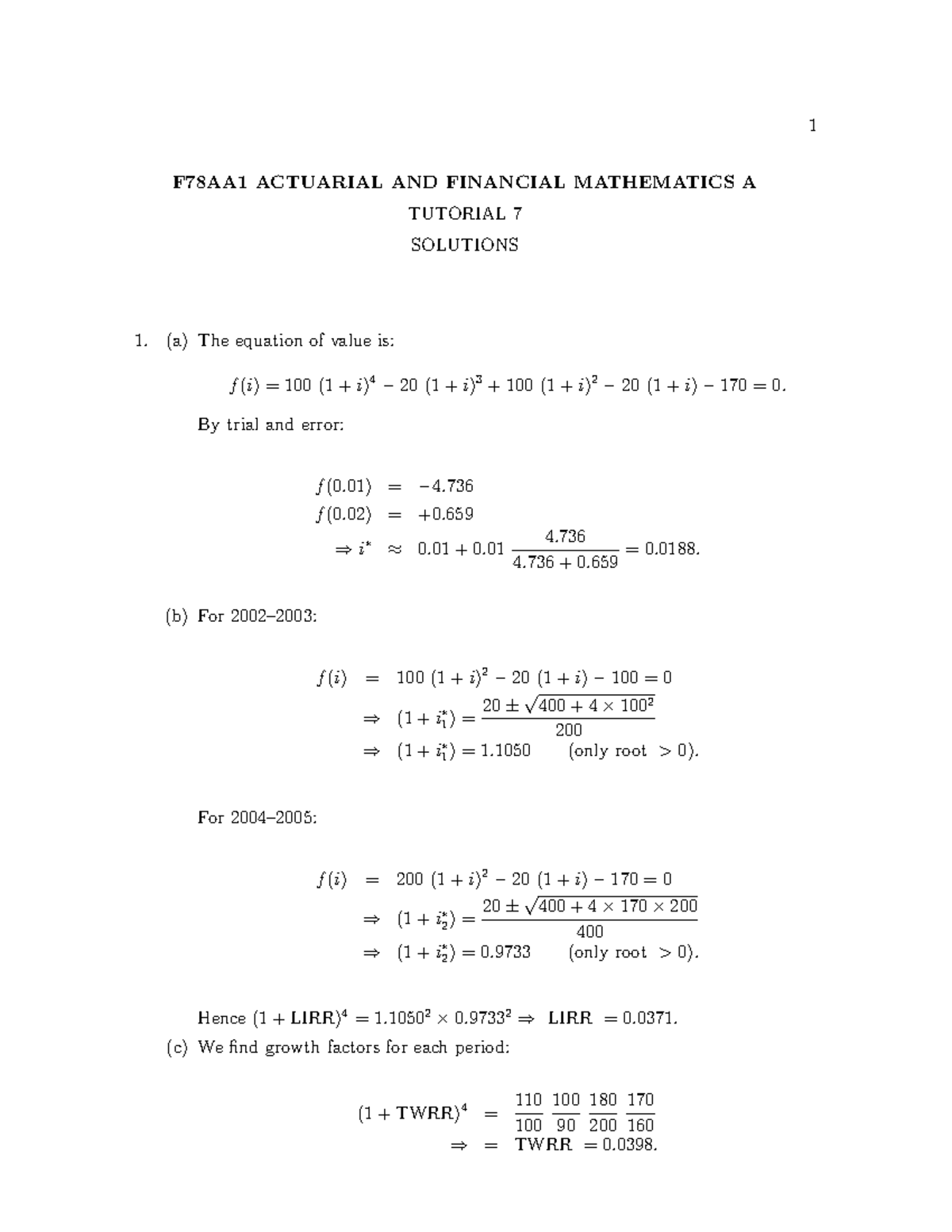 Tutorial 7 Solutions - 1 F78AA1 ACTUARIAL AND FINANCIAL MATHEMATICS A ...