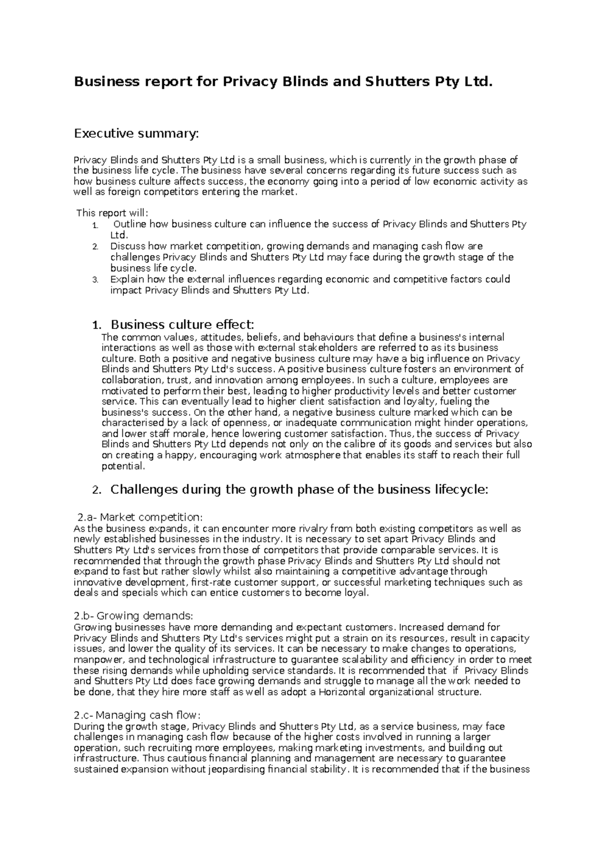 Business report draft - Business report for Privacy Blinds and Shutters ...