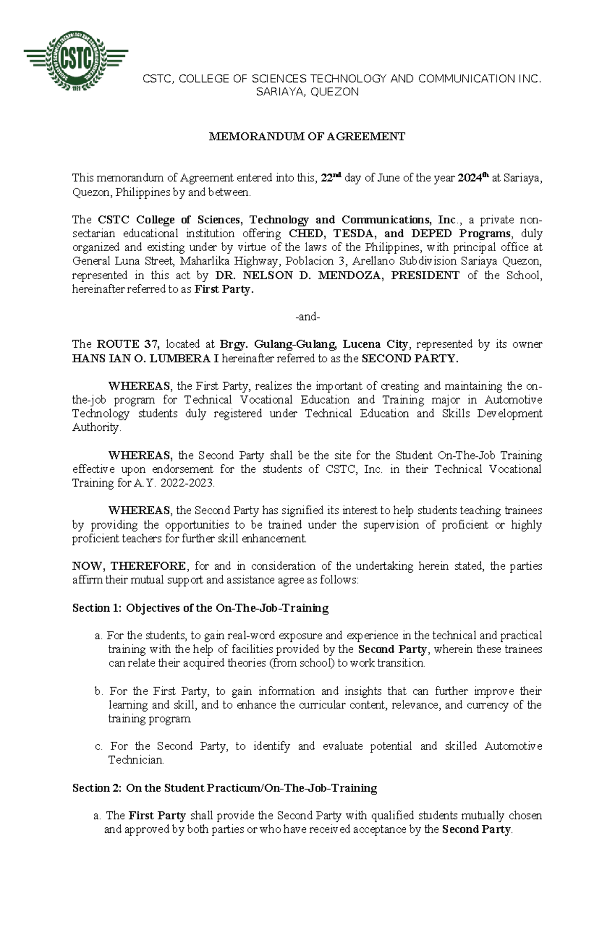 R37MOA2024 - N/a - CSTC, COLLEGE OF SCIENCES TECHNOLOGY AND ...