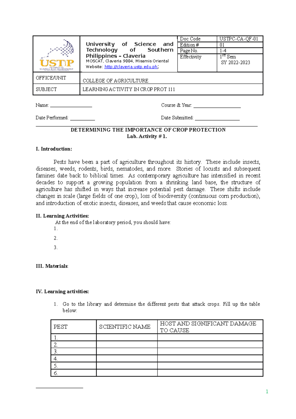 Laboratory 1 - This will give you ideas on performance tasks that you ...
