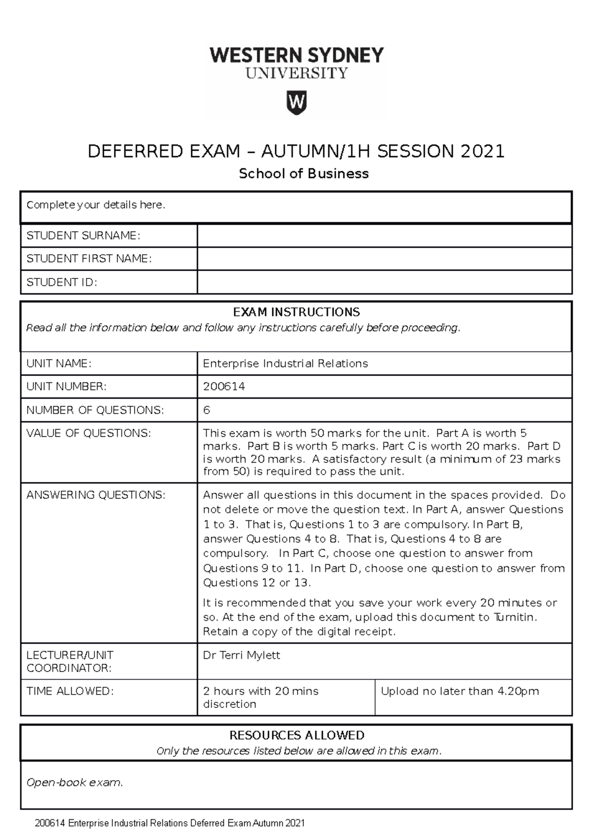Deferred Exam - DEFERRED EXAM – AUTUMN/1H SESSION 2021 School of ...