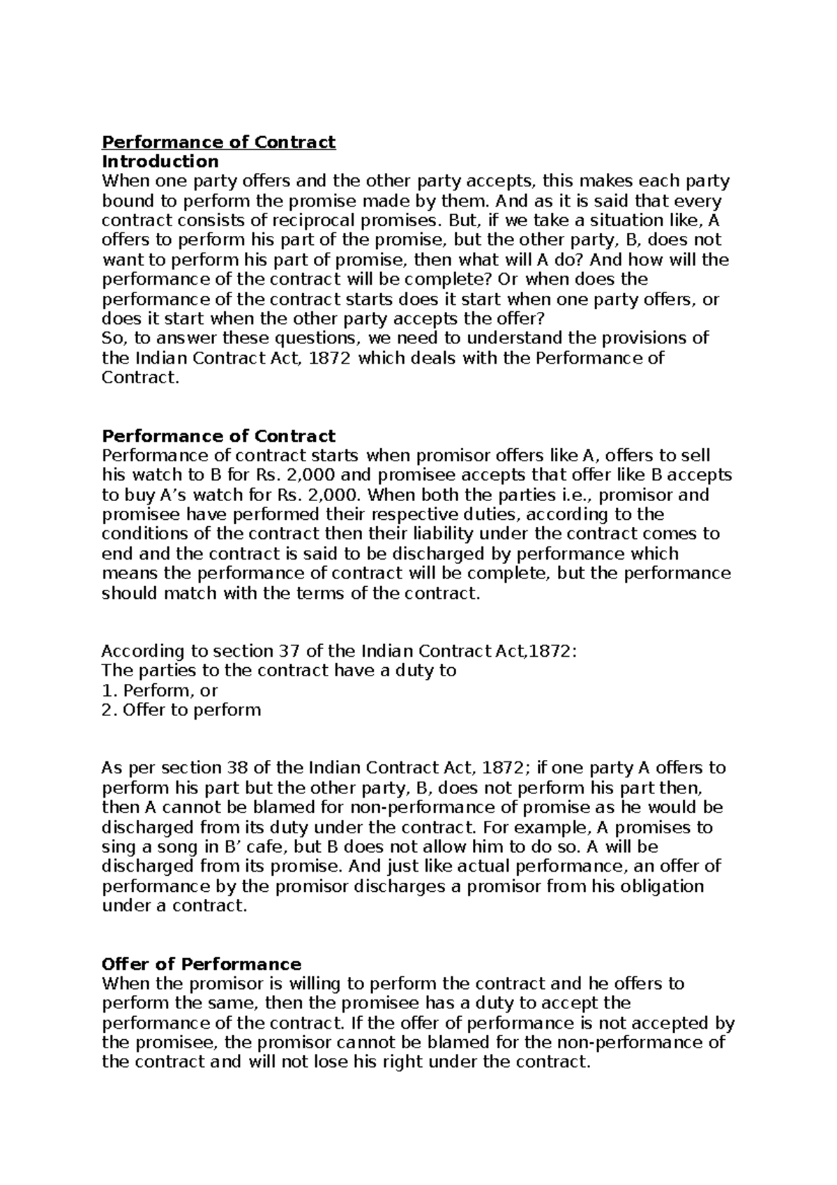 Performance of Contract - Performance of Contract Introduction When one ...