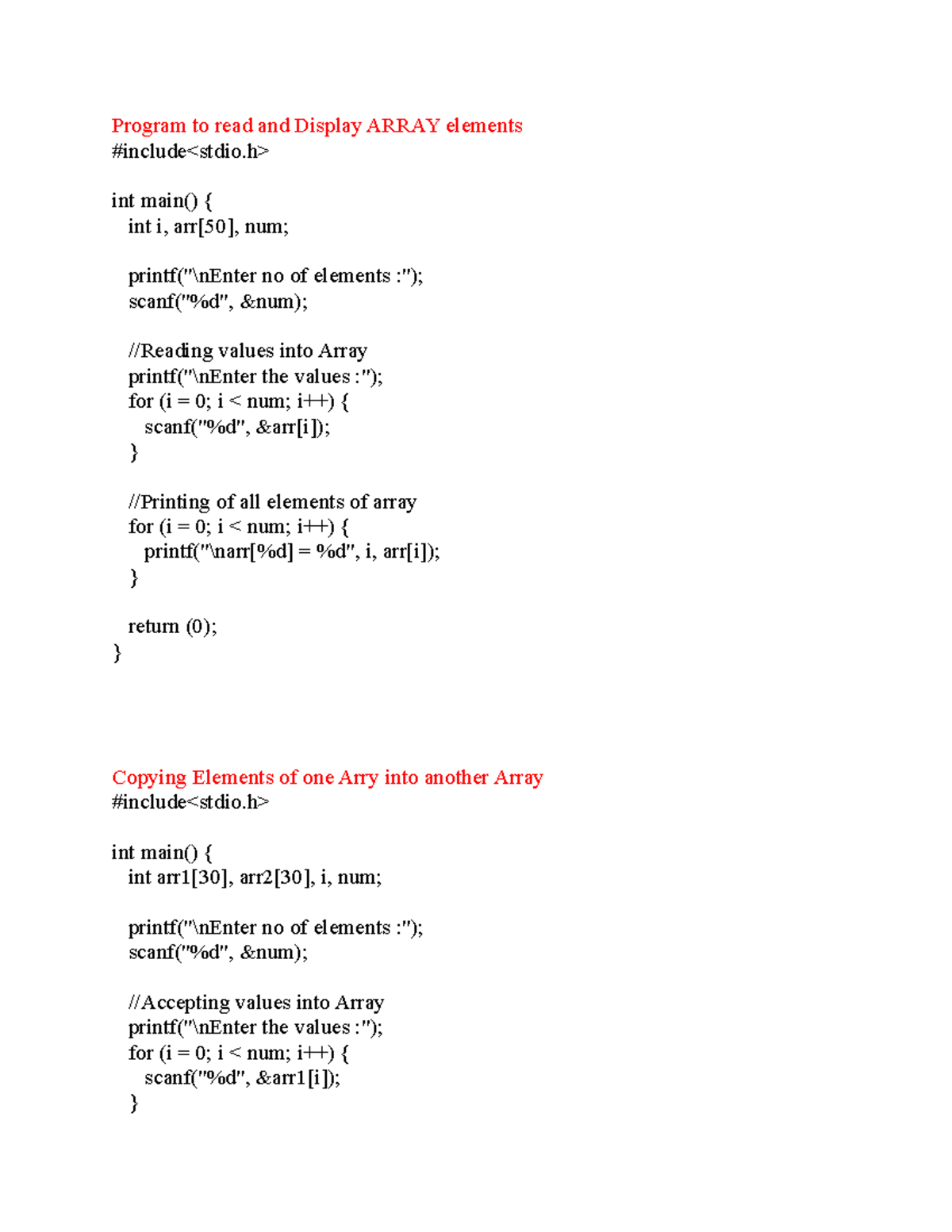 Array Programs No Info Program To Read And Display Array Elements
