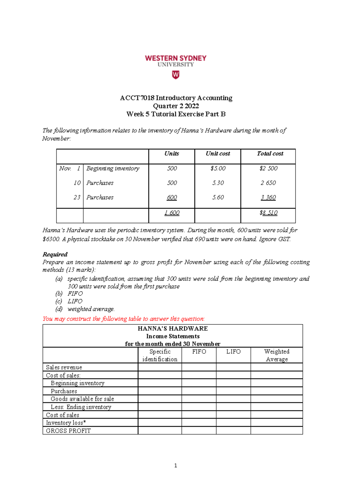 Week 5 Tutorial Exercise Part B-Quesiton and Solution - 1 ACCT7018 ...