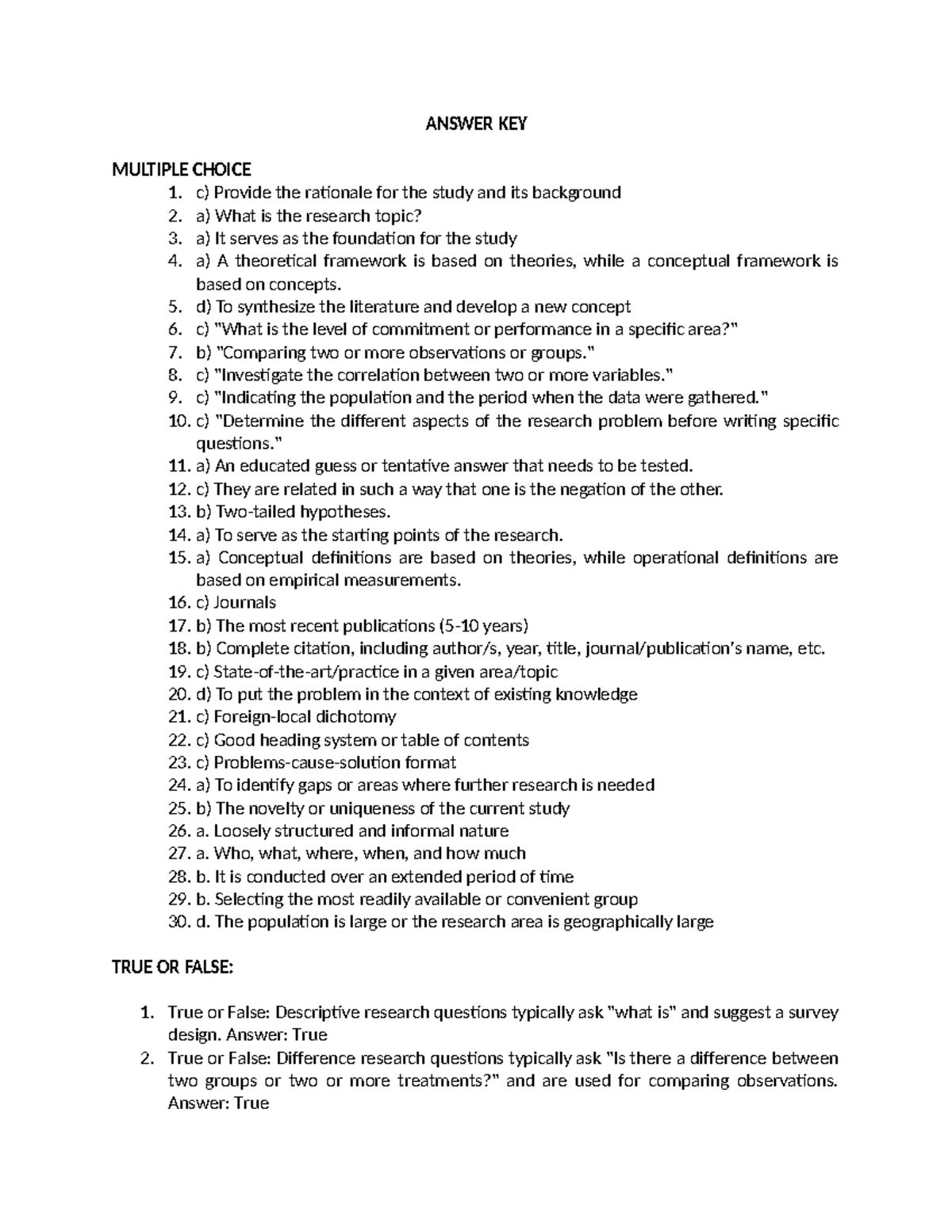 Answer KEY - ANSWER KEY MULTIPLE CHOICE c) Provide the rationale for ...